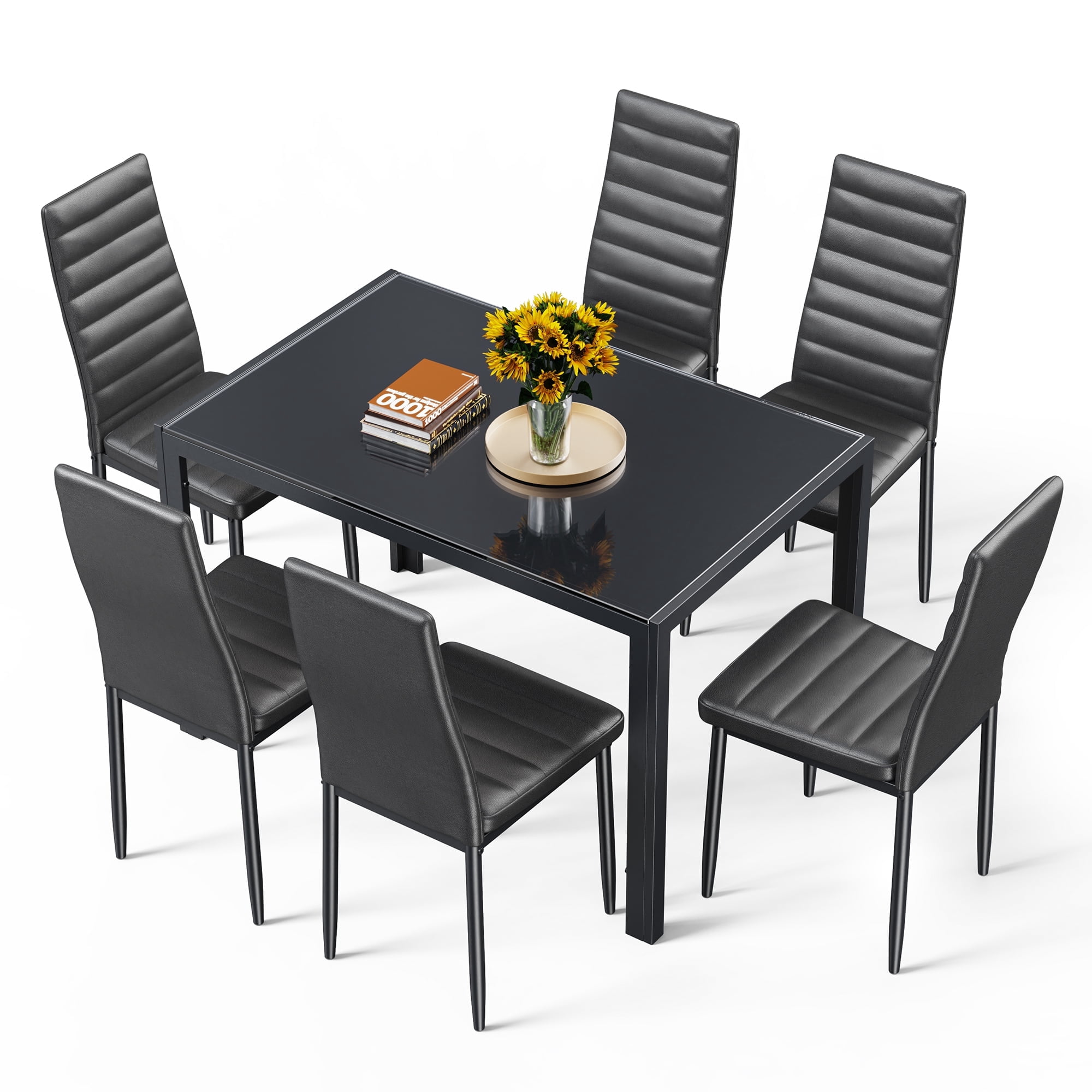 Asofer 7-Piece Dining Table Set for 6 People, Modern Tempered Glass ...