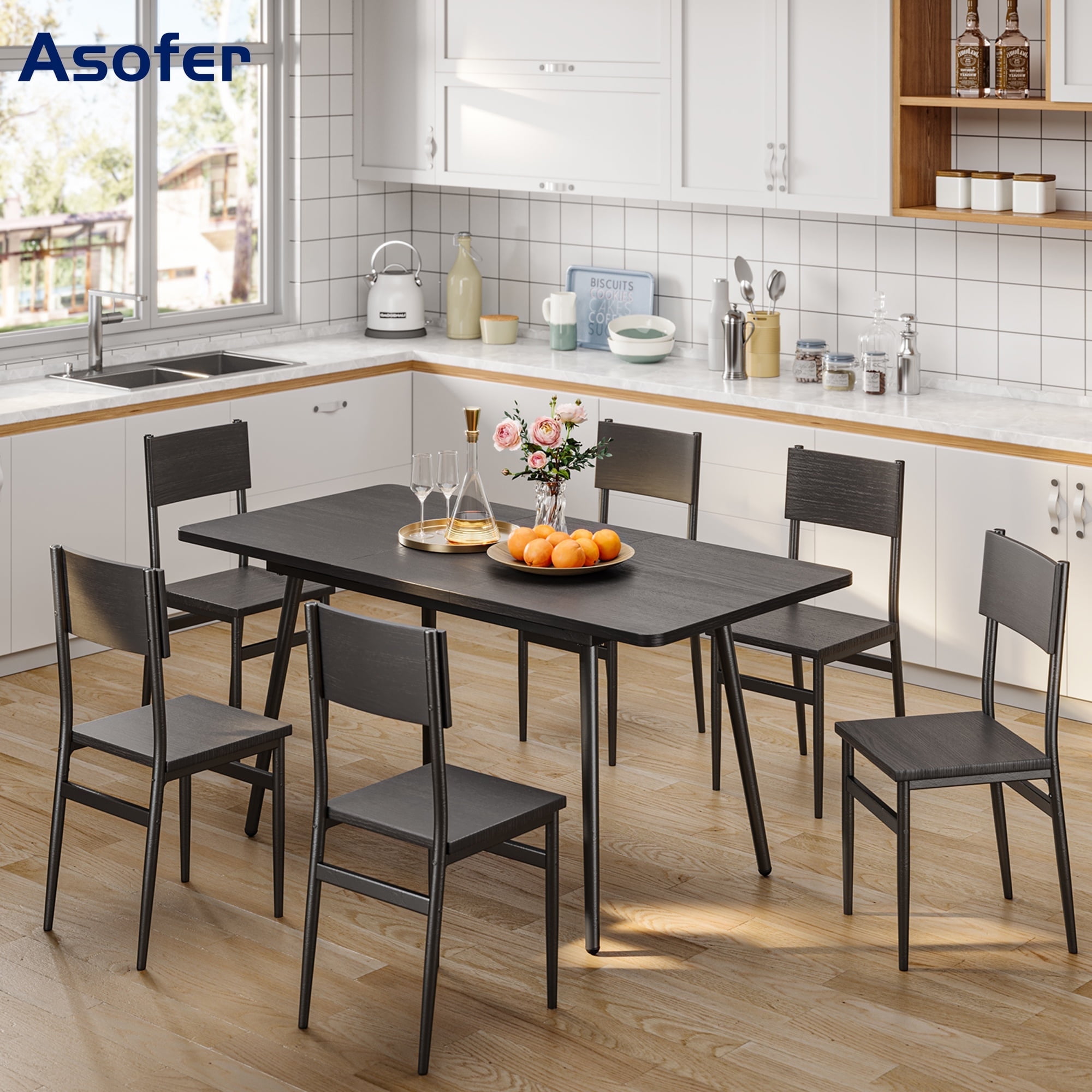 Asofer Folding Table Rectangle Kitchen Table Rectangle with 6 chairs Extendable Dining Table Set for Breakfast Nook Black Walmart