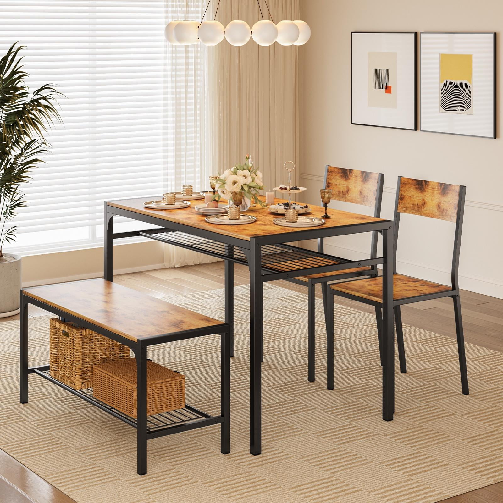 Asofer 4-Piece Dinette Set with Wood Table, 2 Chairs, Bench & Storage ...