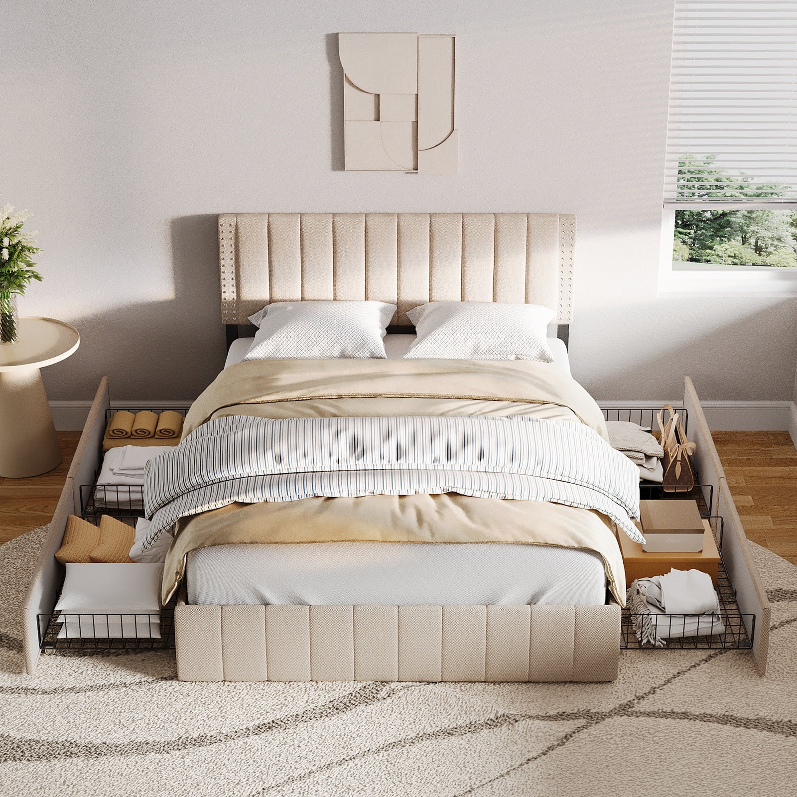 Asofer Full Bed Frames with 4 Storage Drawers on Wheels,Beige Headboard ...