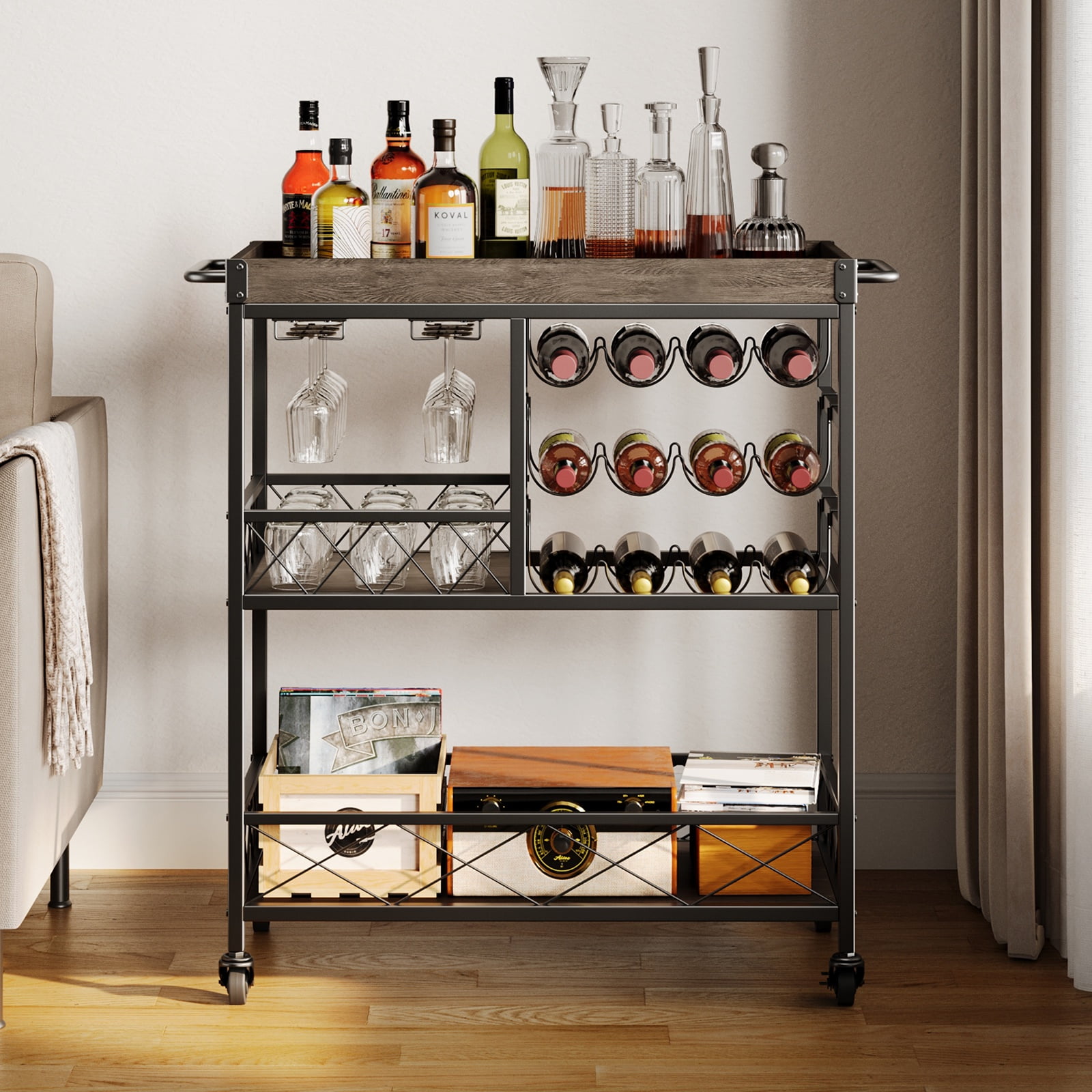 Asofer Bar Cart, Home Bar Serving Cart, Mobile Kitchen Shelf with Wine ...