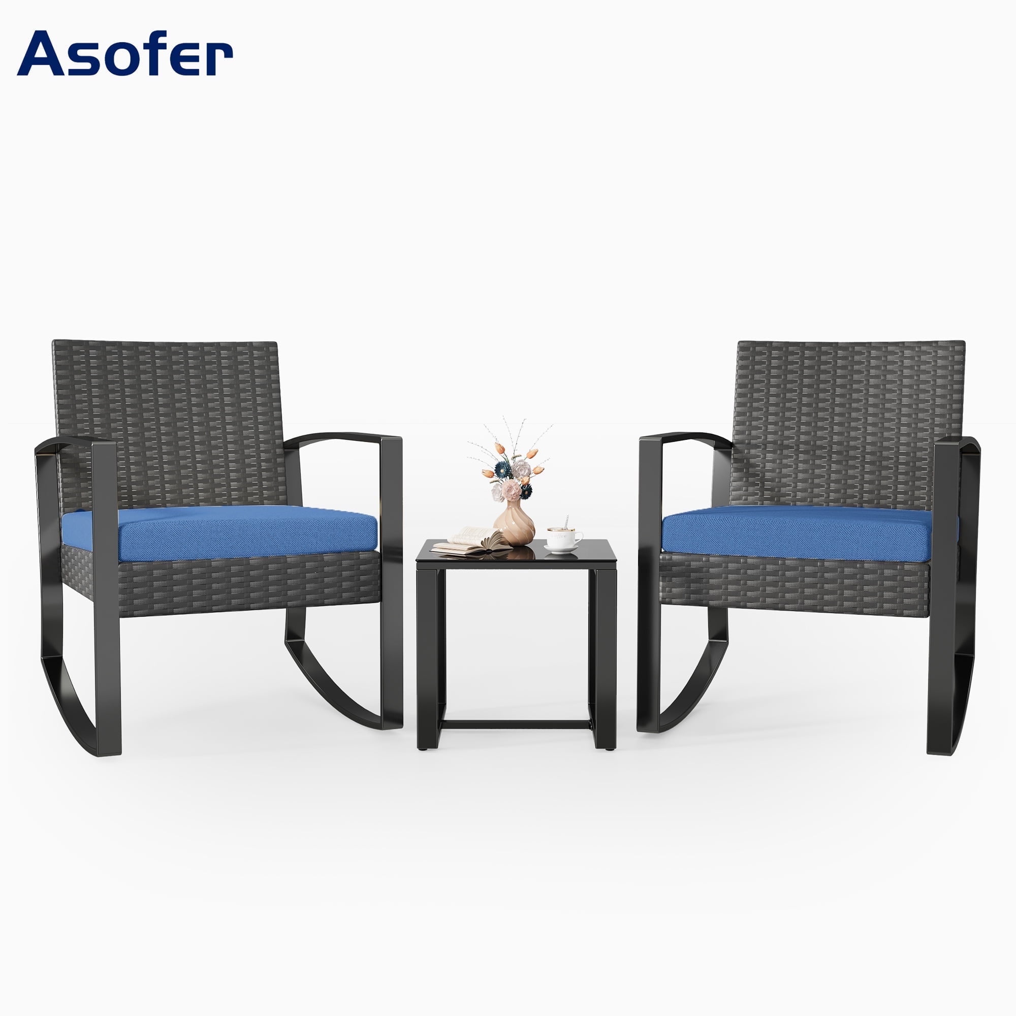 Asofer 3pc Balcony Patio Furniture Set, Wicker Rocking Chairs & Table ...