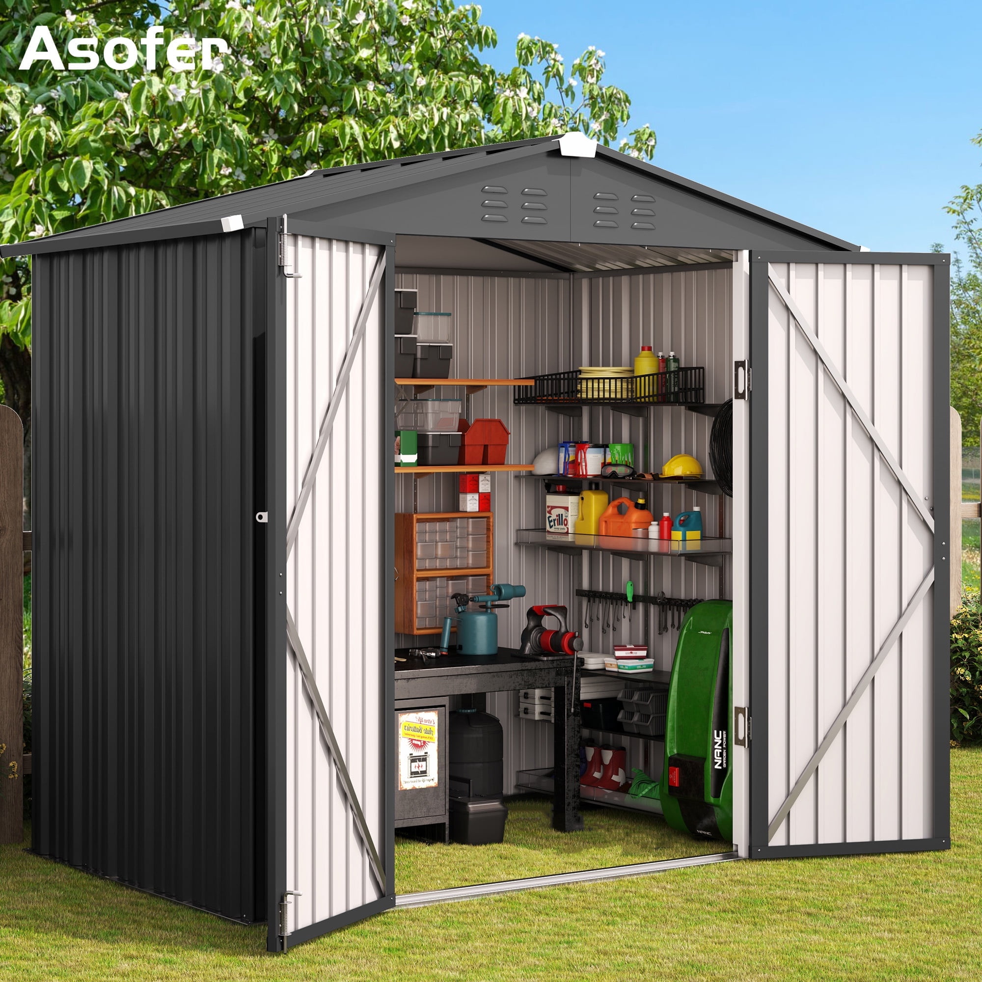 Asofer Outdoor Storage Shed 6 x 4 FT, Lockable Doors Galvanized Metal ...