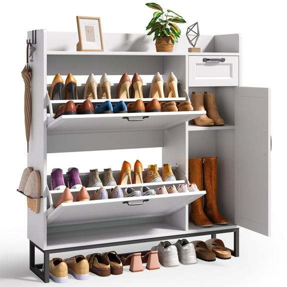 Asofer Shoe Cabinet with 2 Adjustable Flip Drawers & Side Cabinet, Open Top Shelvf and Side Hook ...