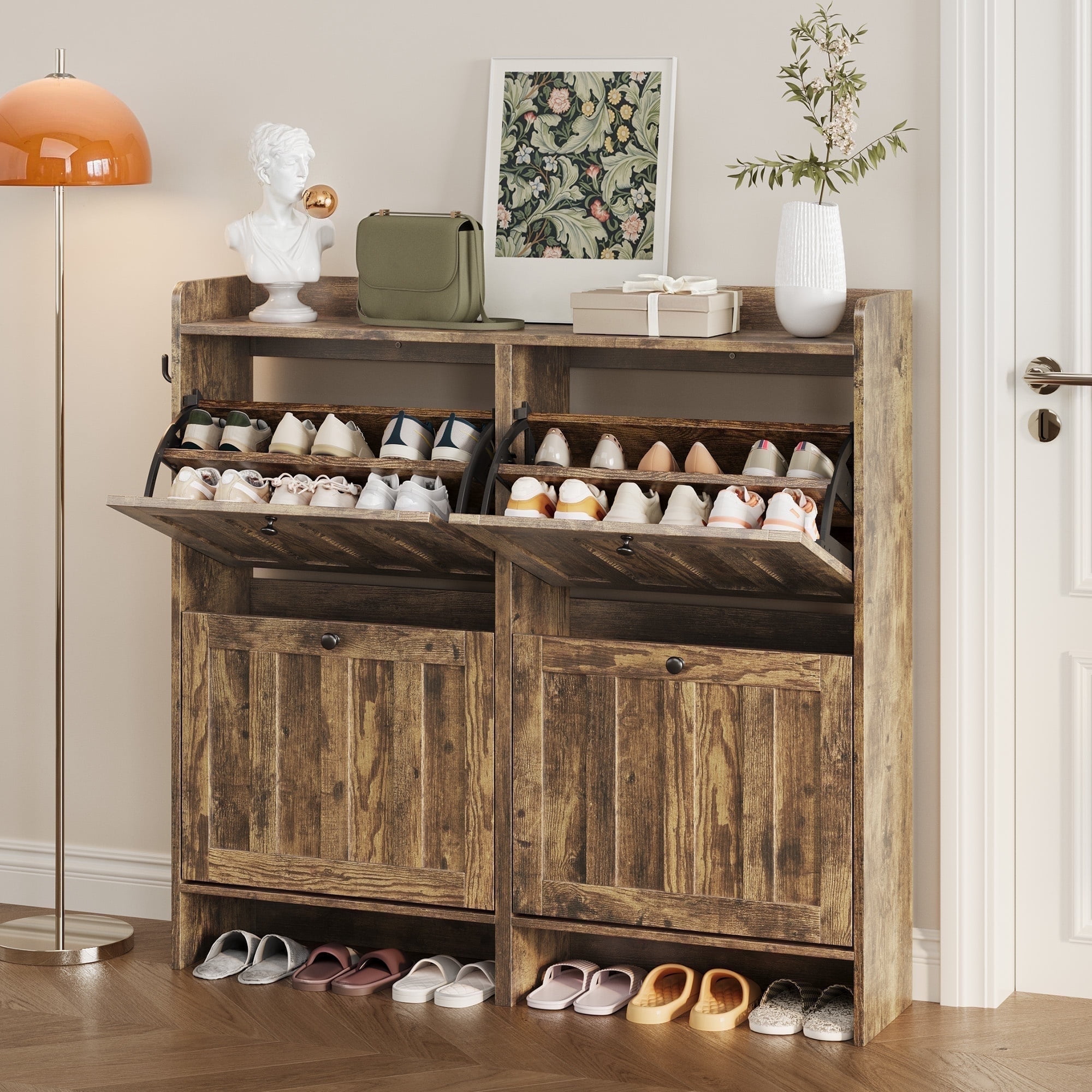 Asofer Shoe Cabinet with 4 Flip-Down Drawers & Open Storage ...