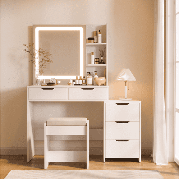 Ataucjin Vanity Desk With Mirror And Lights,Wood Dressing Table,Makeup ...