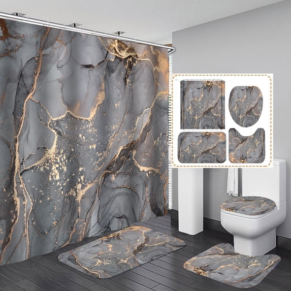 Asoricing 4-Piece Bathroom Shower Curtain Set with Rugs, Black Gold ...