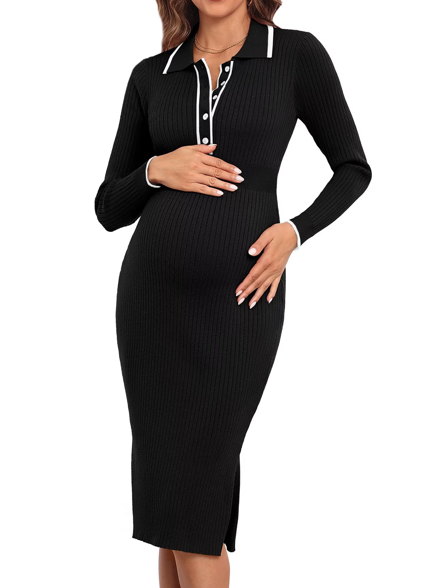 Asoul Maternity Ribbed Sweater Dress Fall Collared Bodycon Midi ...