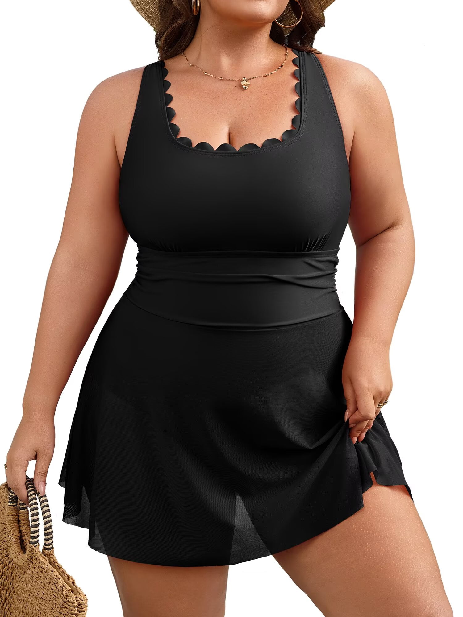 Asoul Plus Size One Piece Swimsuit Scalloped Swim Dress Bathing Suits ...