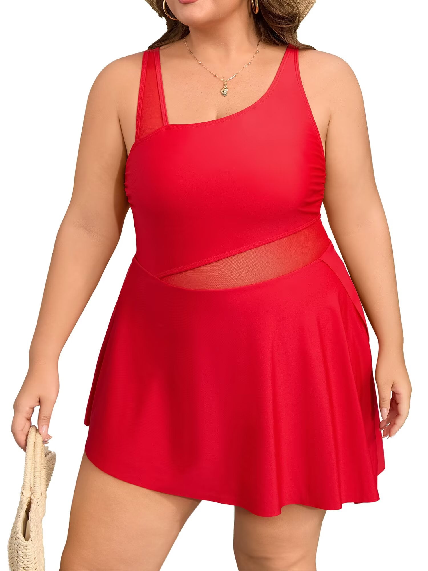 Asoul Plus Size One Piece Swimsuit Swim Dress Mesh Cutout Skirt Bathing ...