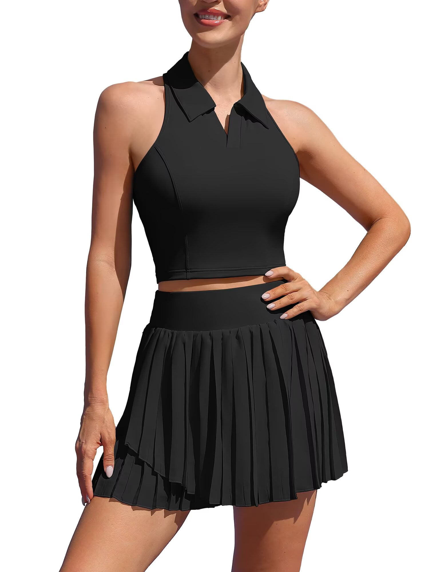 Asoul Women's Two-Piece Tennis Dress with Pleated Skirt and Shorts, Polo V Neck Crop - Walmart.com