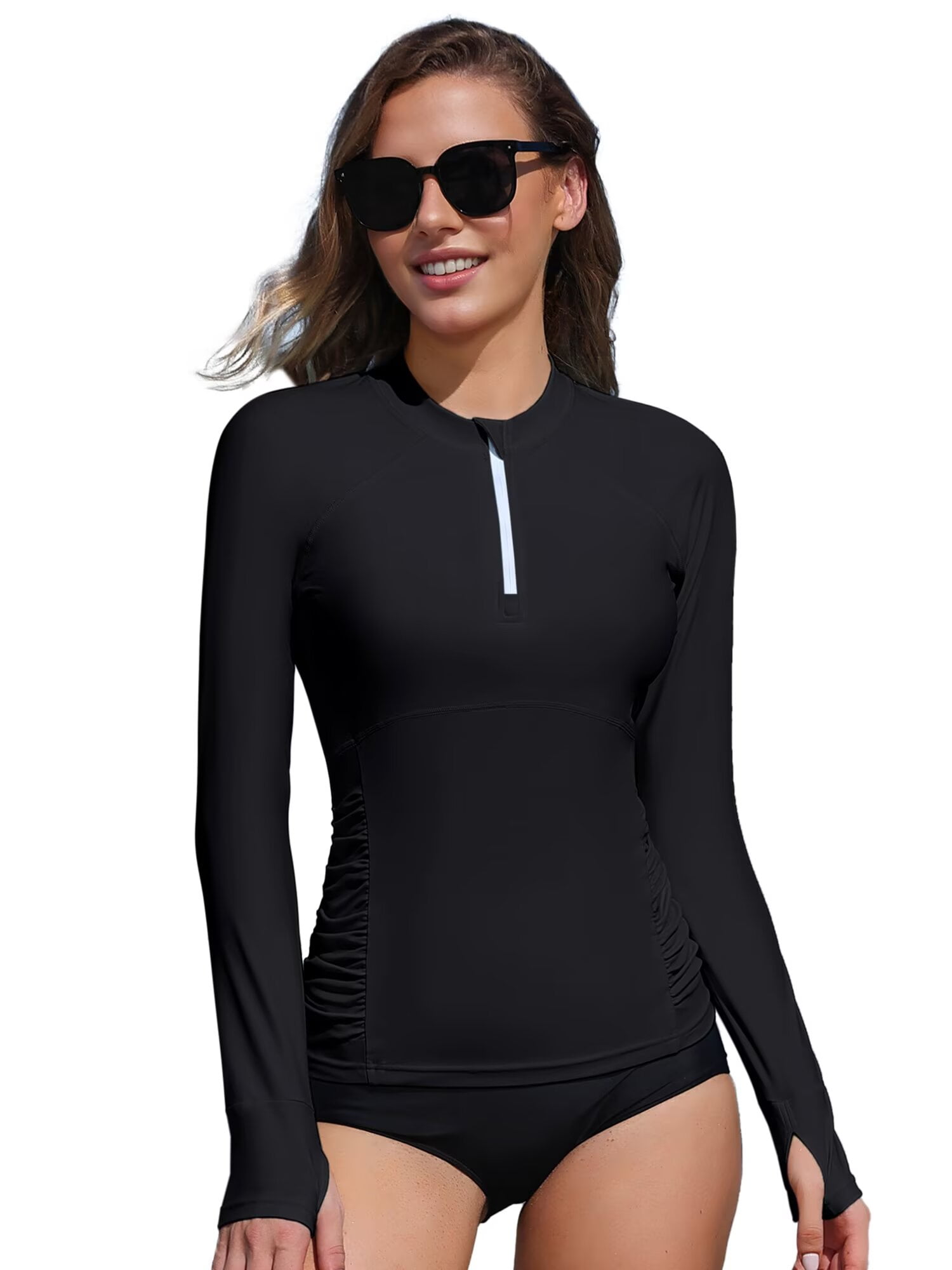Asoul Women's Zipper Rash Guard Long Sleeve Side Ruched Swim Shirt Sun ...