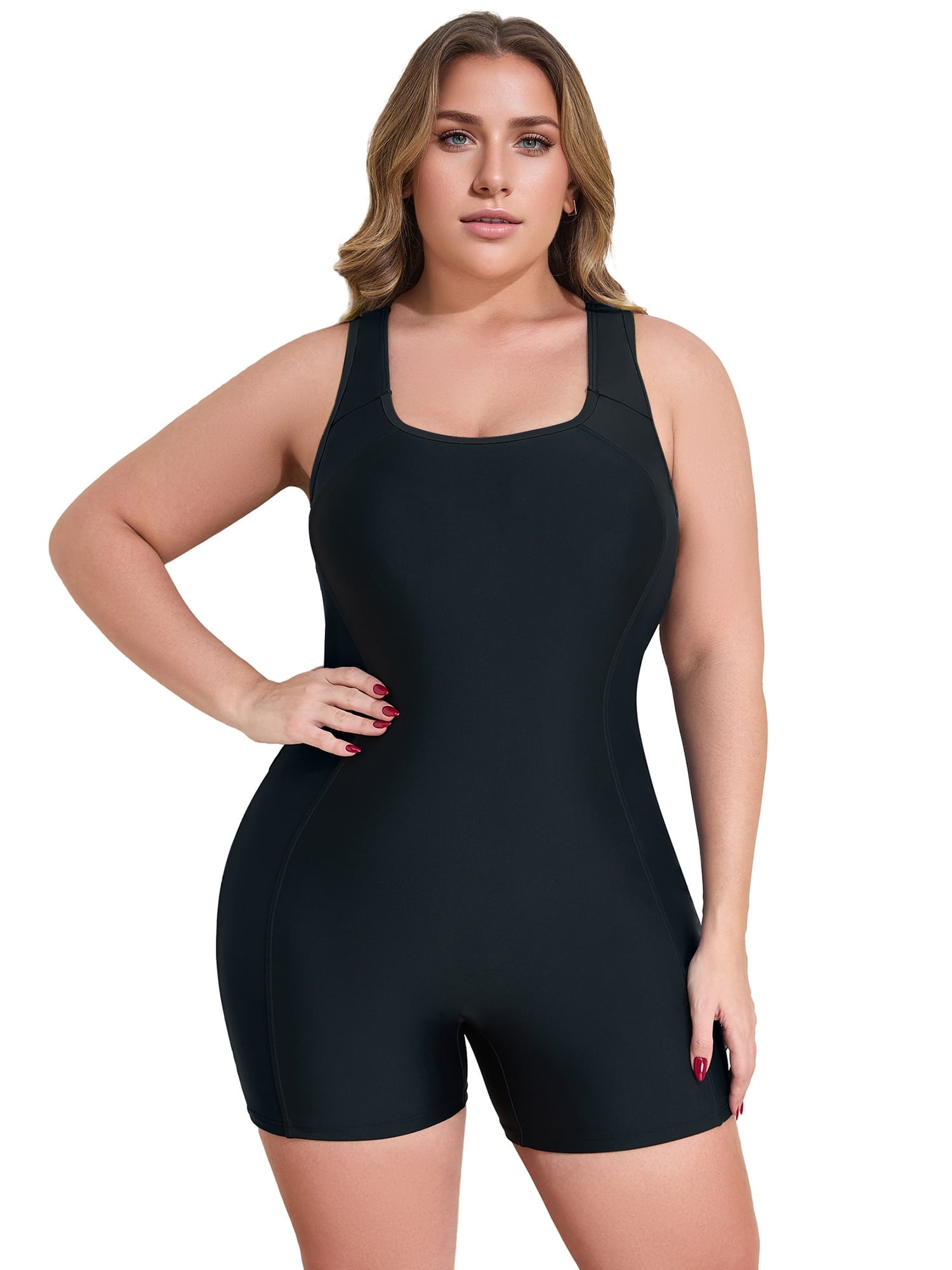 Asoul Womens Large Size Side Spliced One Piece Sport Swimsuit Boyleg ...