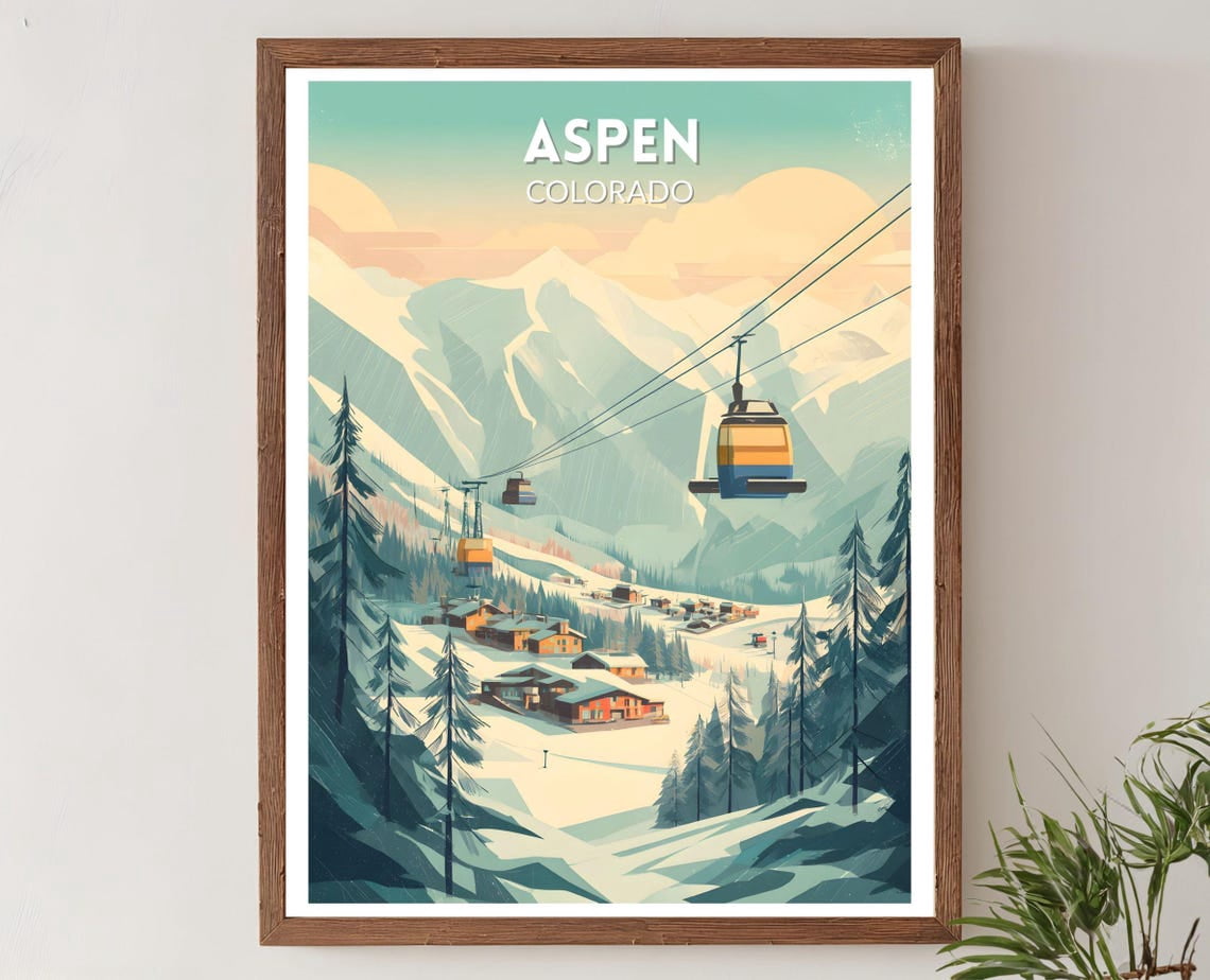 Aspen Retro Travel Mid Century Modern Vintage Mountain North America ...
