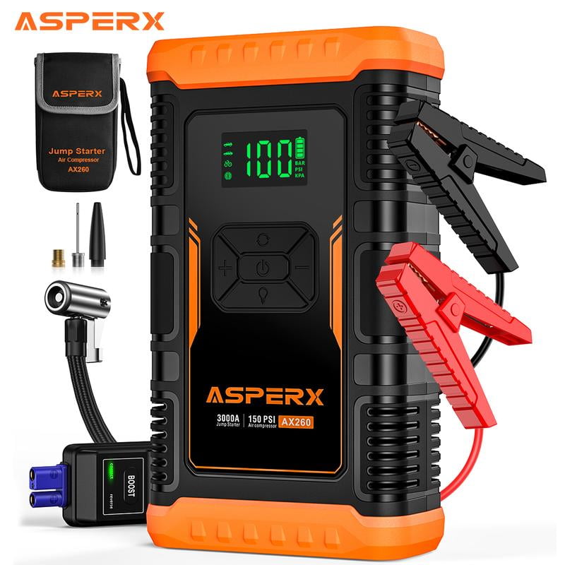 AsperX AX260 Jump Starter with Air Compressor, 3000A/150PSI Car Battery ...