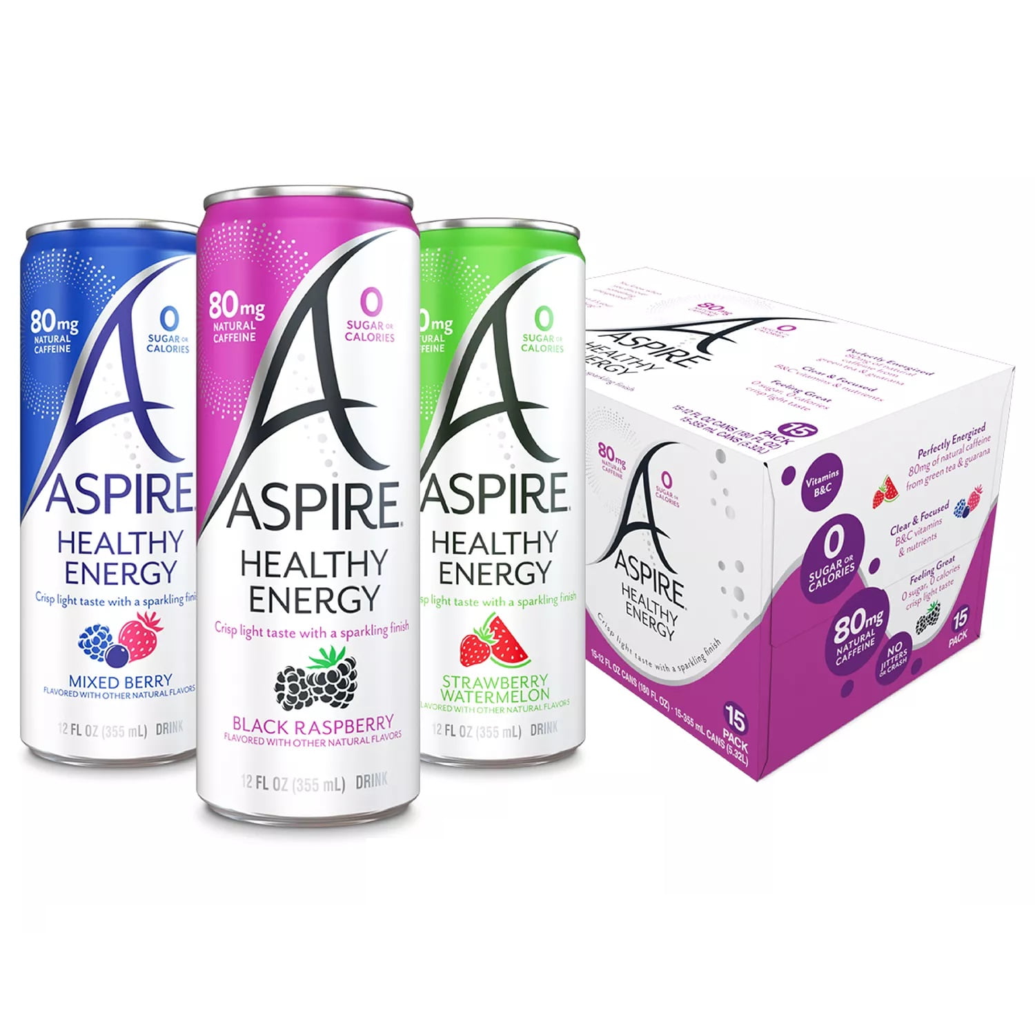 Aspire Healthy Energy Drinks Variety Pack, Zero Sugar, Low Calorie, 12 oz, Pack of 15 - Walmart.com