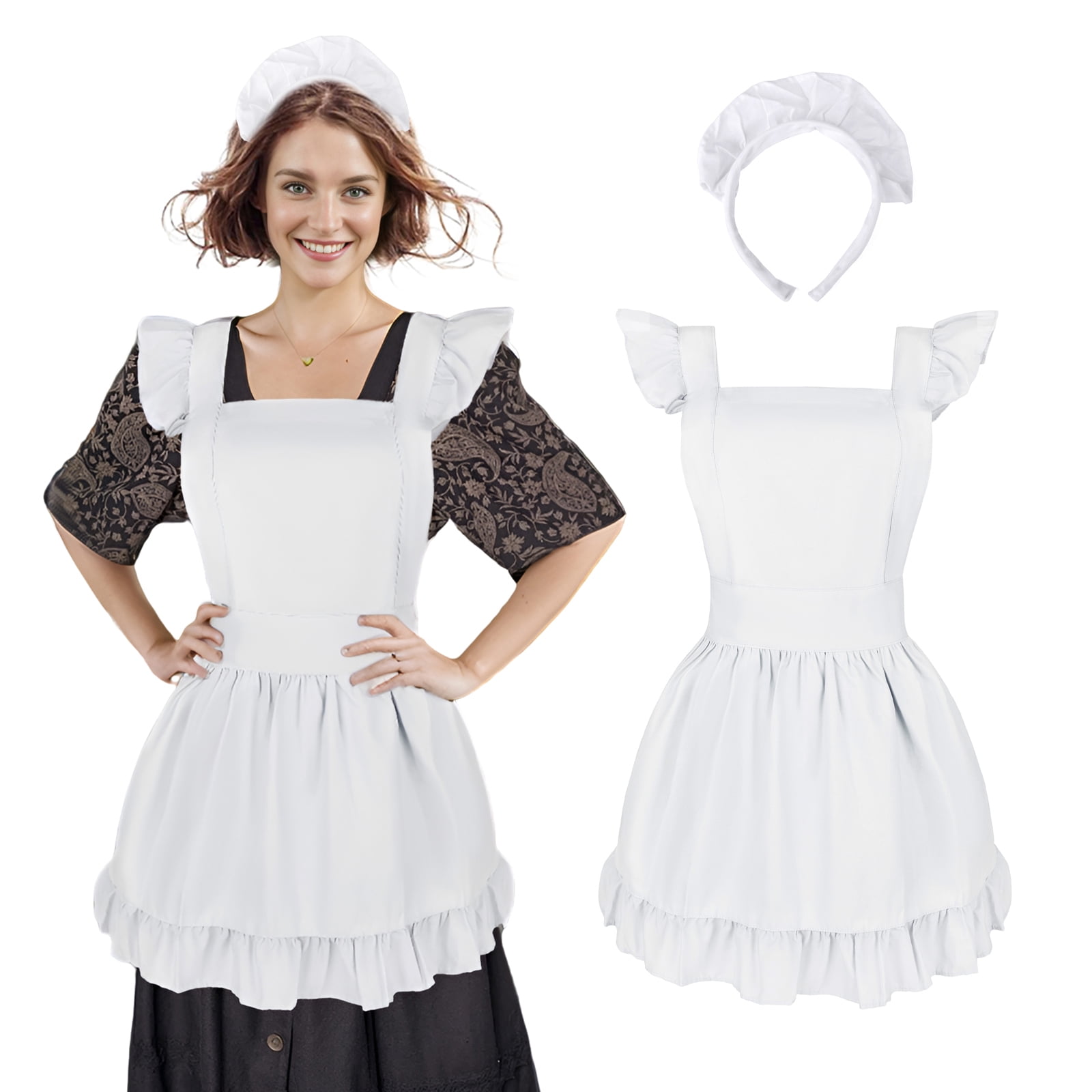 Aspire Women's Maid Apron with Headband Retro Cotton Frilly Kitchen ...