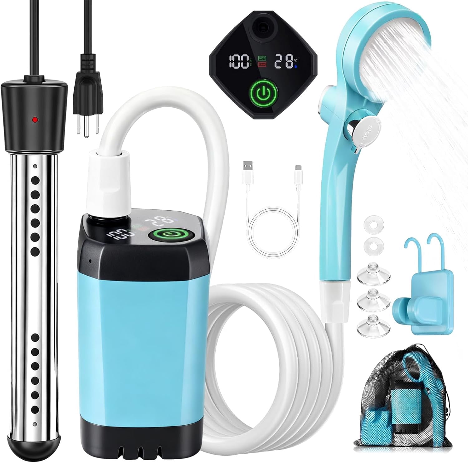 Aspligo Portable Camping Shower with Heater, 6000mAh Rechargeable ...