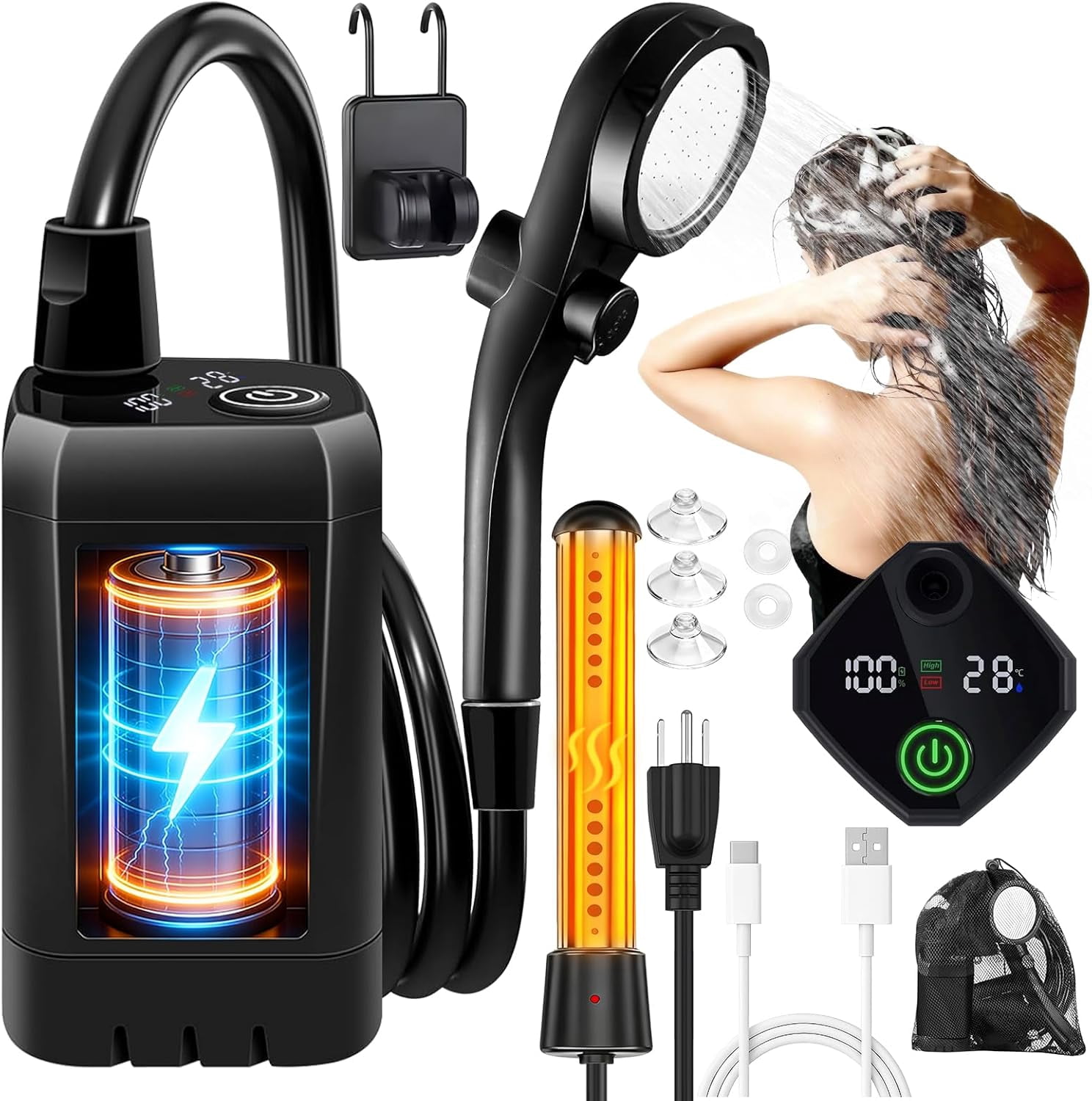 Aspligo Portable Camping Shower with Heater, 6000mAh Rechargeable ...