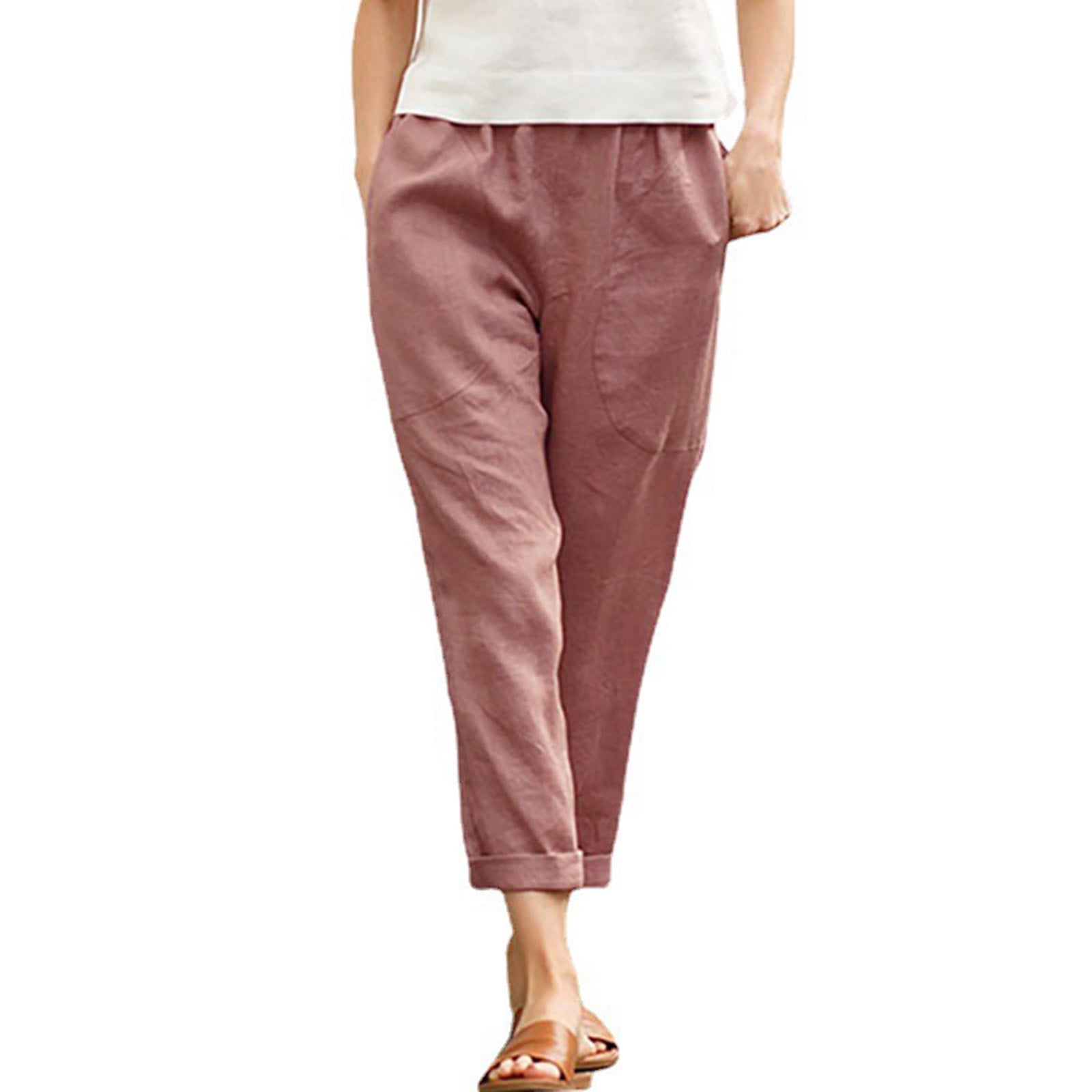 Asqwmvz Linen Pants Women Women Cotton Pocket Cropped Straight Leg Crop ...