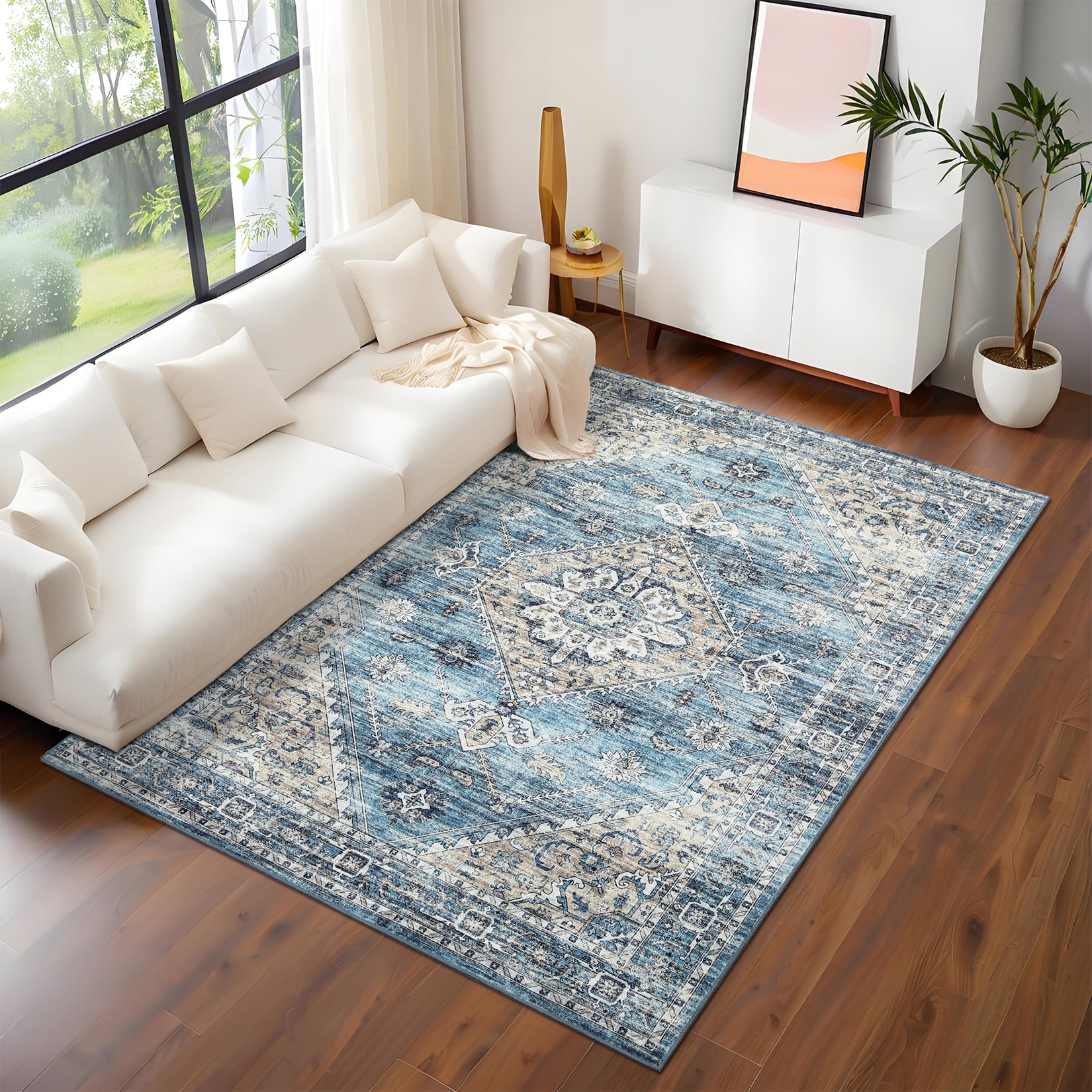 Assaile 5 x 7 ft Polyester Area Rugs, Blue Runner Flower Printed ...