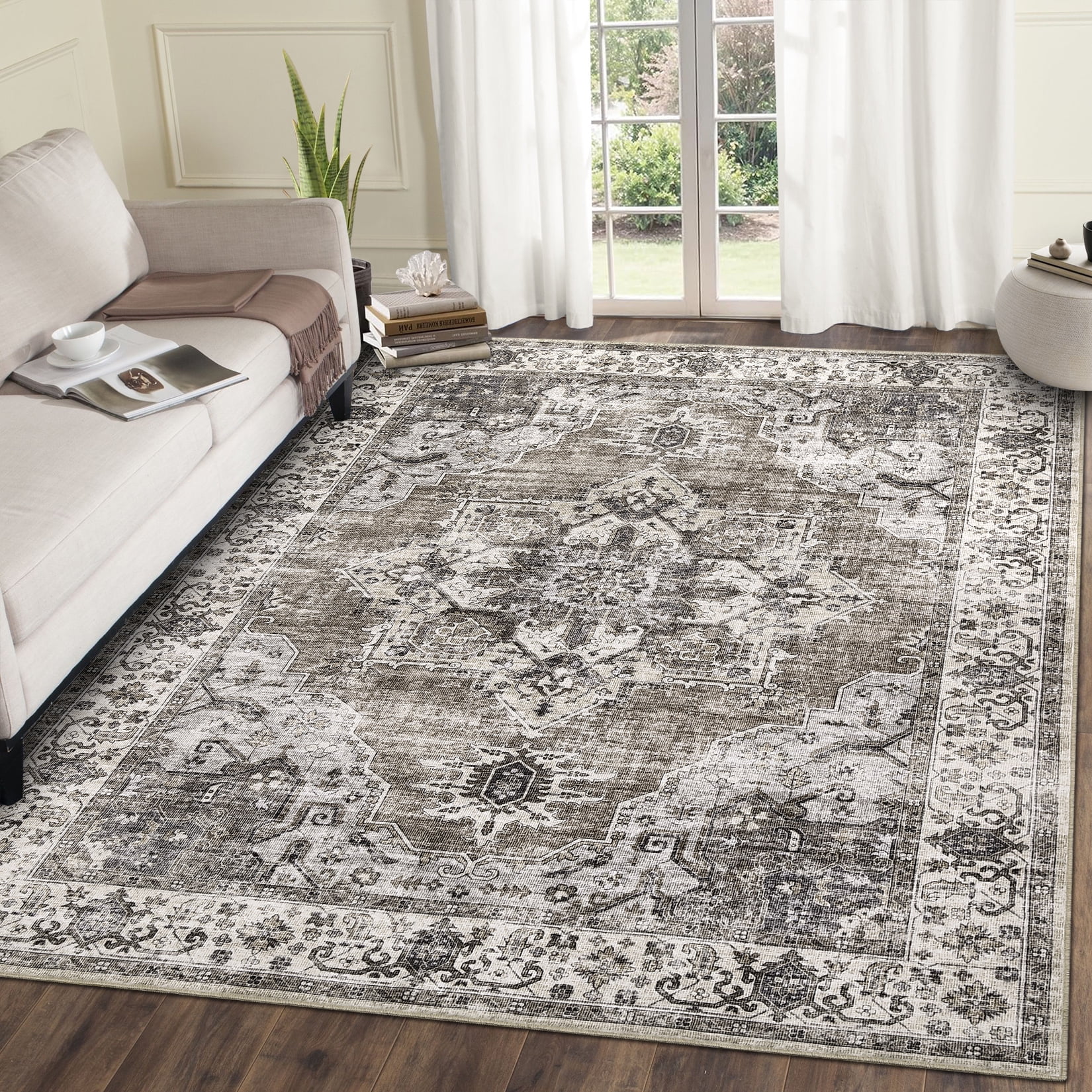 Assaile 5 x 7 ft Polyester Area Rugs, Brown Runner Flower Printed ...