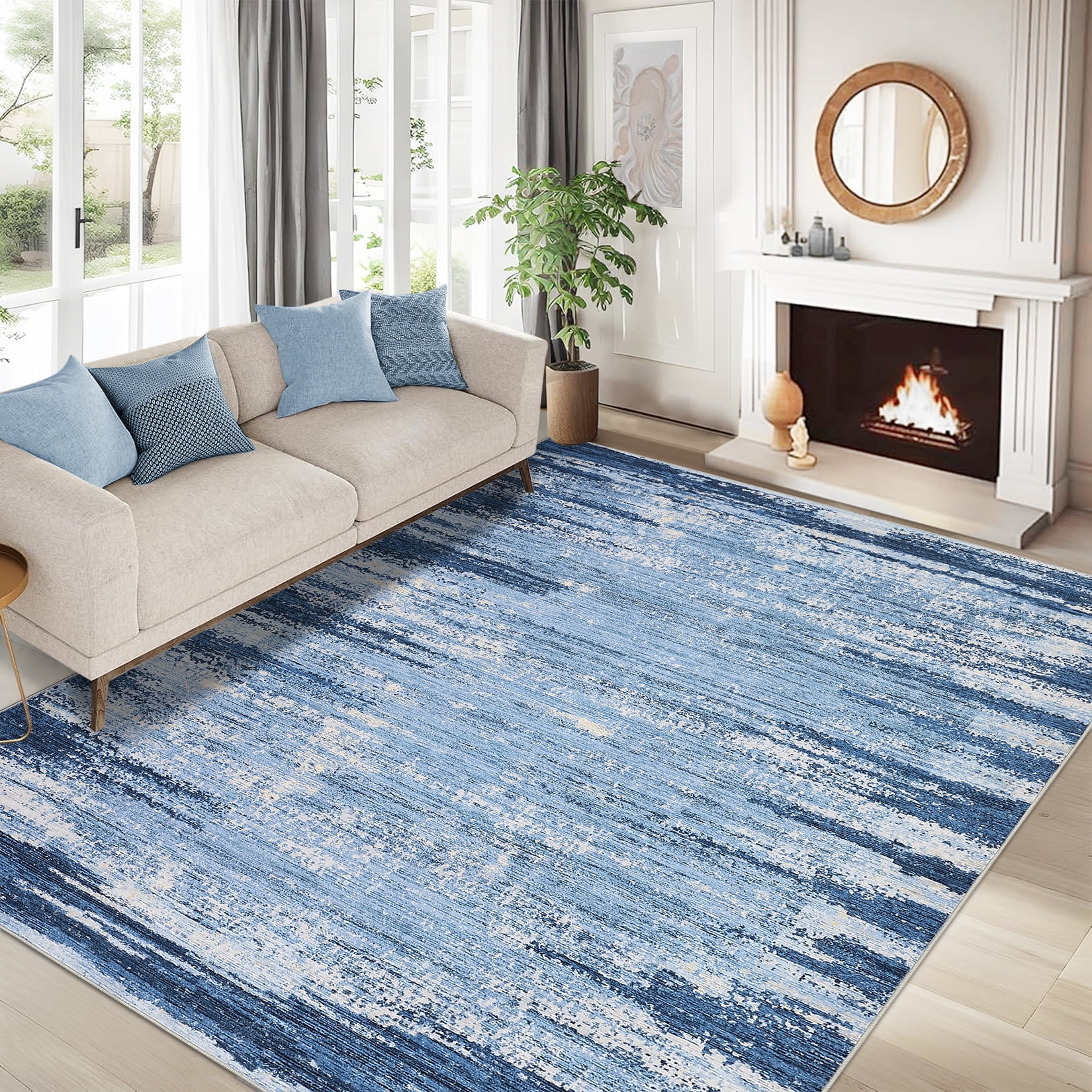 Assaile 9 x 12 ft Polyester Area Rugs, Gray Blue Runner Abstract ...