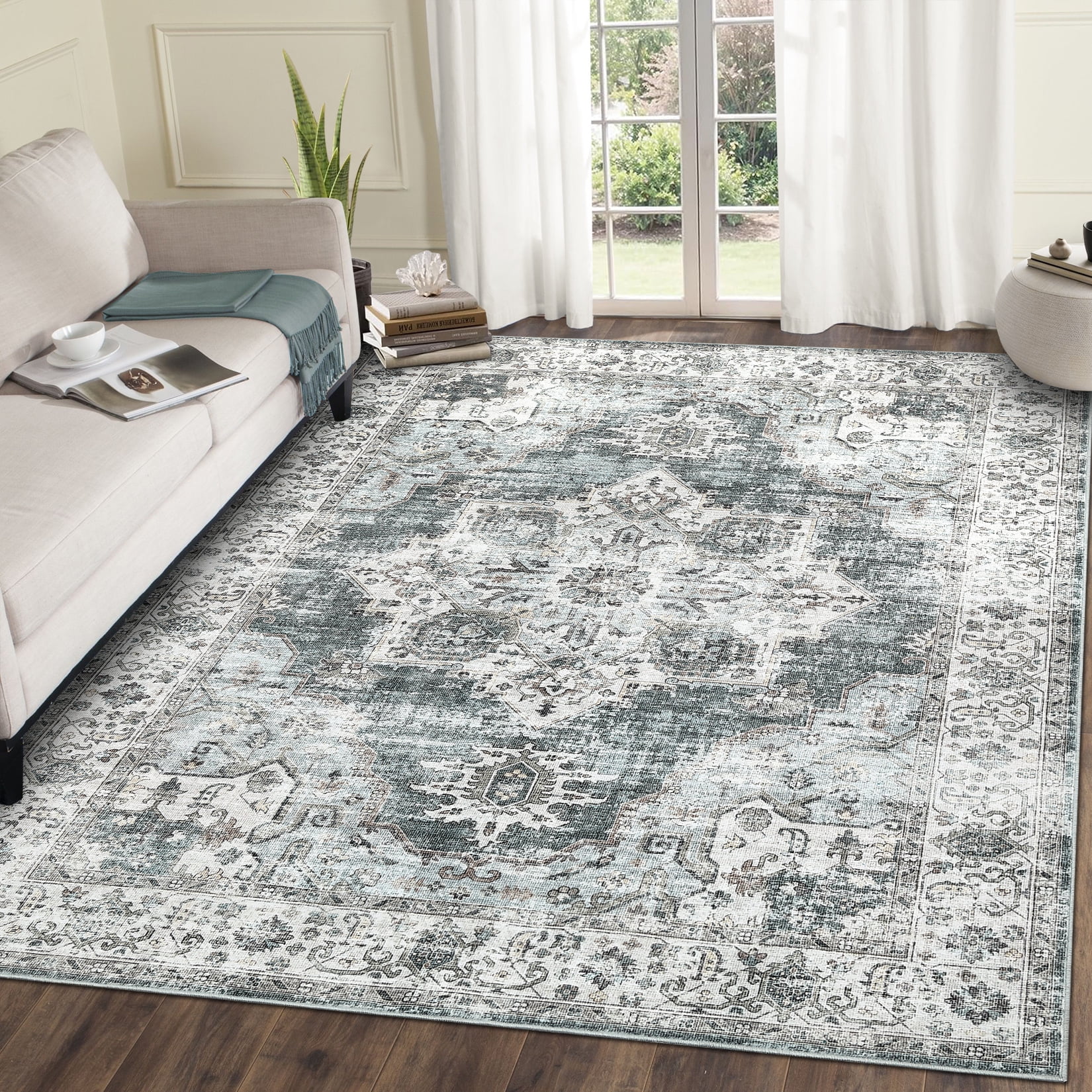 Assaile 9 x 12 ft Polyester Area Rugs, Green Runner Flower Printed ...