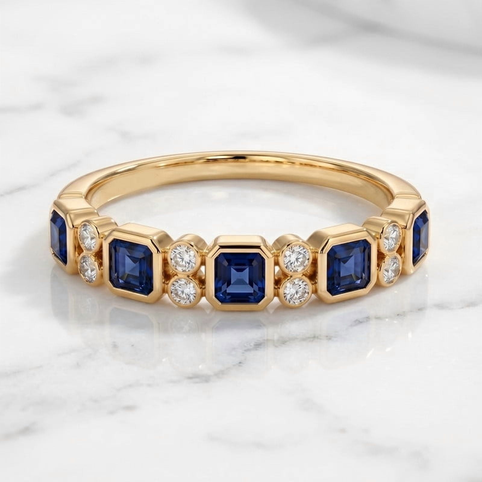 Asscher Cut Blue Sapphire & Diamond Wedding Ring, Half Eternity ...