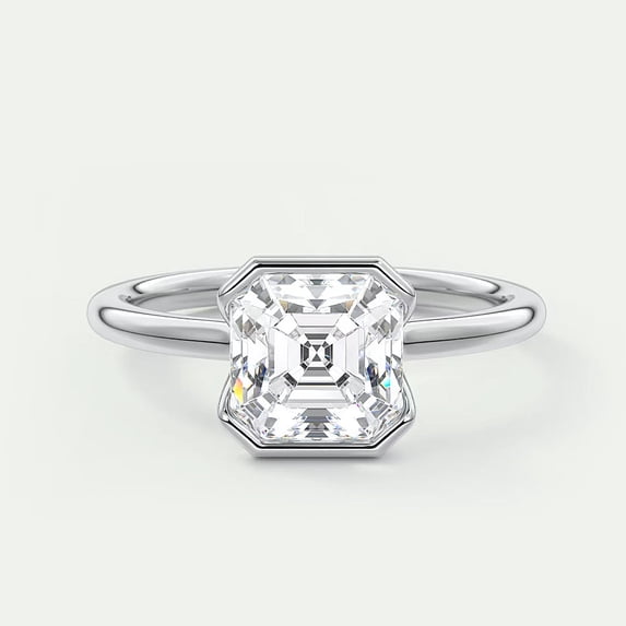 Asscher Cut Diamond Ring, Half Bezel Set Solitaire Diamond Engagement ...
