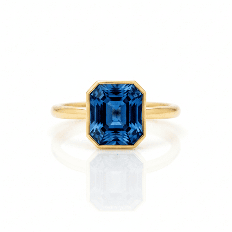 Asscher Cut Solitaire Blue Sapphire Engagement Ring, Bezel Set ...