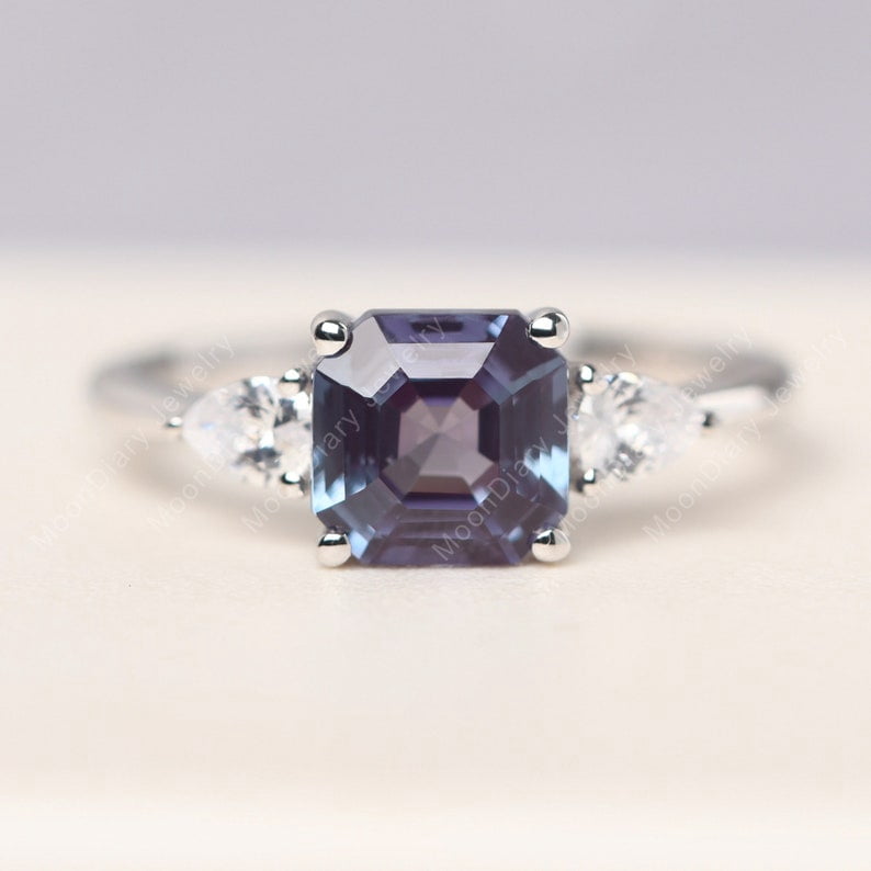 Asscher cut alexandrite engagement ring with pear side stone sterling ...