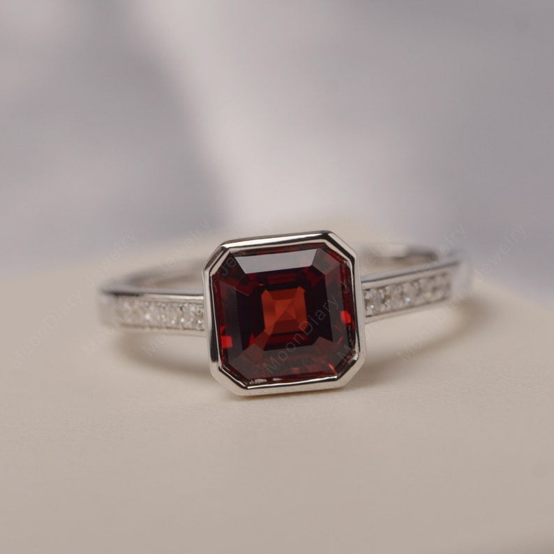 Shyamkripa Gems Asscher Cut Red Garnet Engagement Ring, 925 Sterling ...
