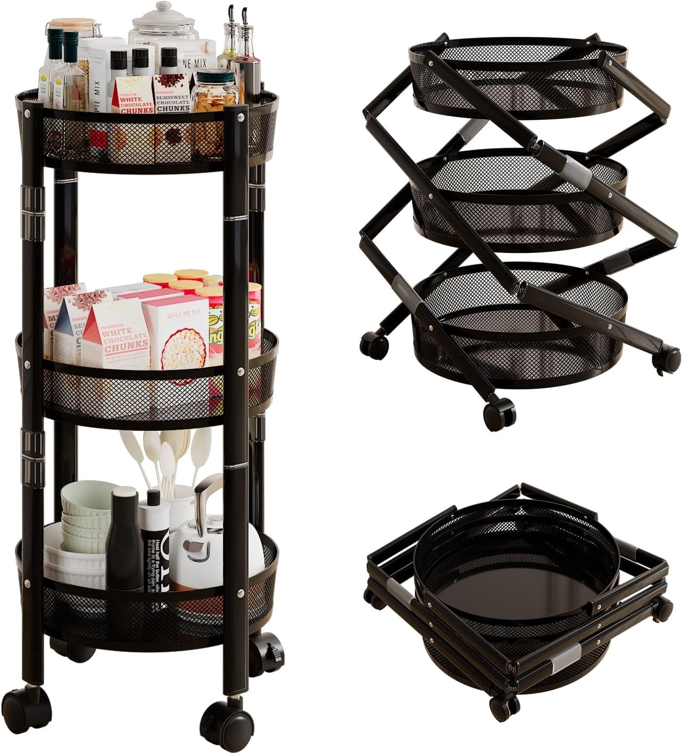 No Assemble 3 Tier Rolling Storage cart, Folding Utility cart with 2 ...