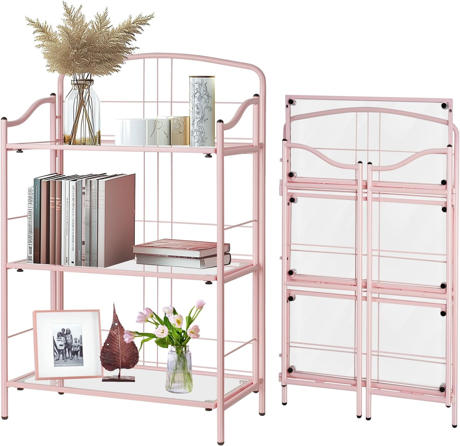 No Assembly Bookshelves, 3 Tier Classic Pink Folding Book Shelf ...