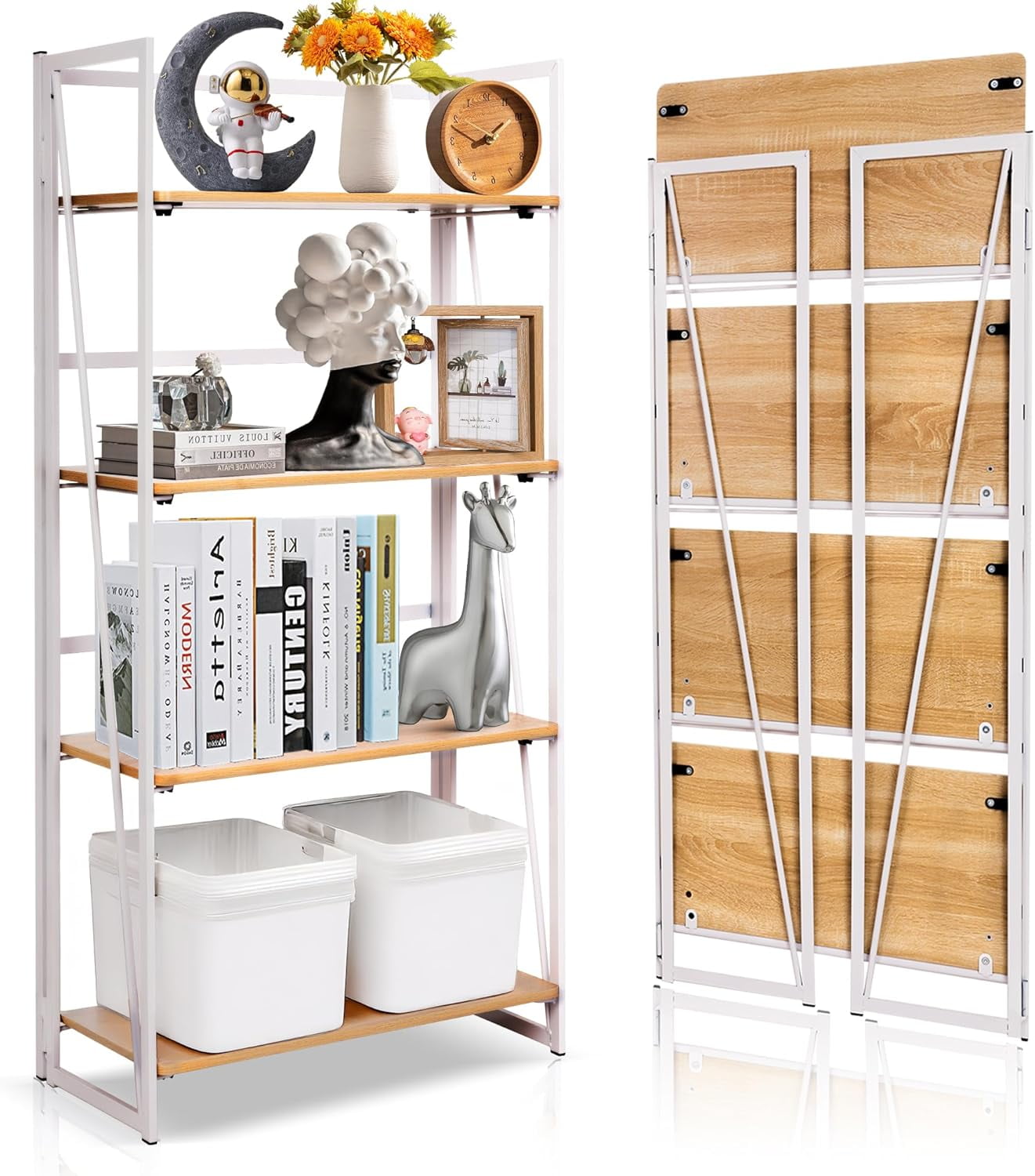 No Assembly Folding Bookshelf,4 Tiers Collapsible Book Shelf Vintage ...