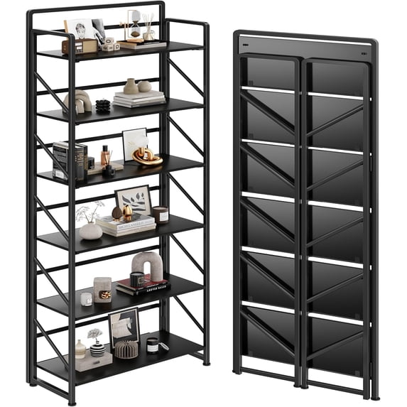 No Assembly Folding Bookshelf 5 Tier Industrial Metal Book Shelf for ...