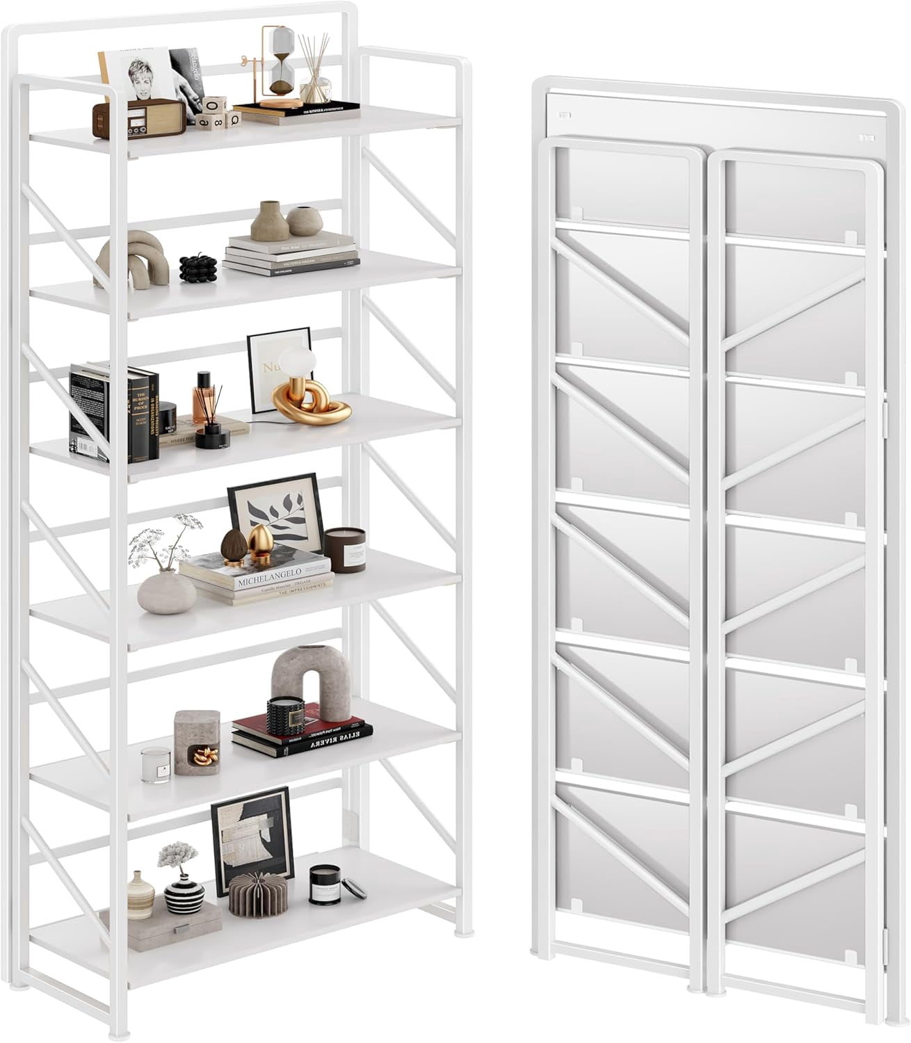 No Assembly Folding Bookshelf 5 Tier Industrial Metal Book Shelf for ...