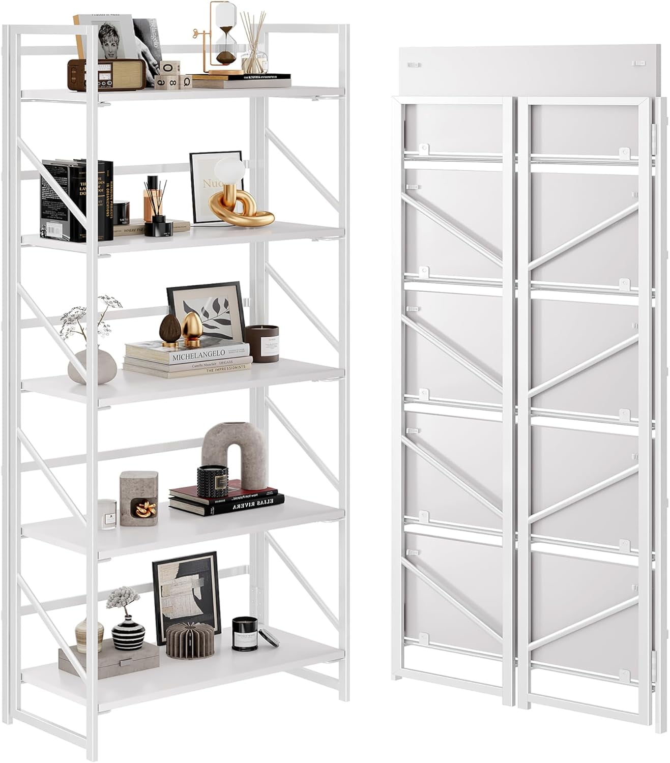 No Assembly Folding Bookshelf 5 Tier Industrial Metal Book Shelf for ...