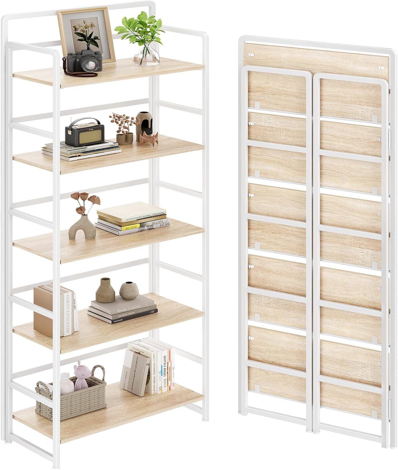 No Assembly Folding Bookshelf, 5 Tiers Collapsible Book Shelf for Home ...
