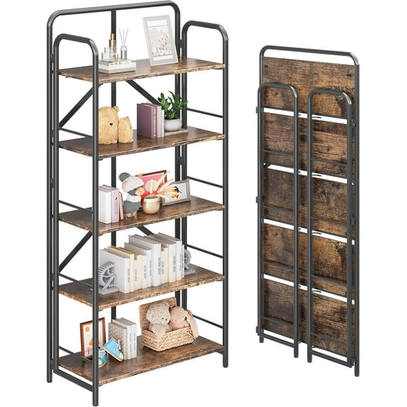 No Assembly Folding Bookshelf, 5 Tiers Collapsible Book Shelves Open ...