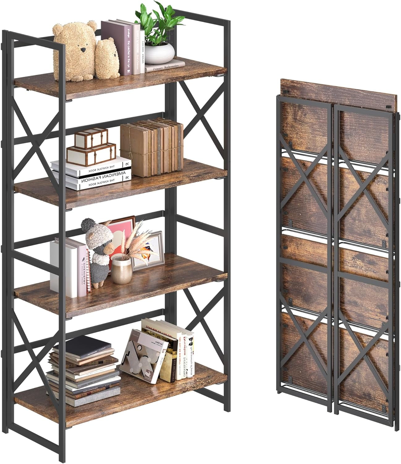 No Assembly Folding Bookshelf Storage Shelves 4 Tiers, Foldable Vintage ...