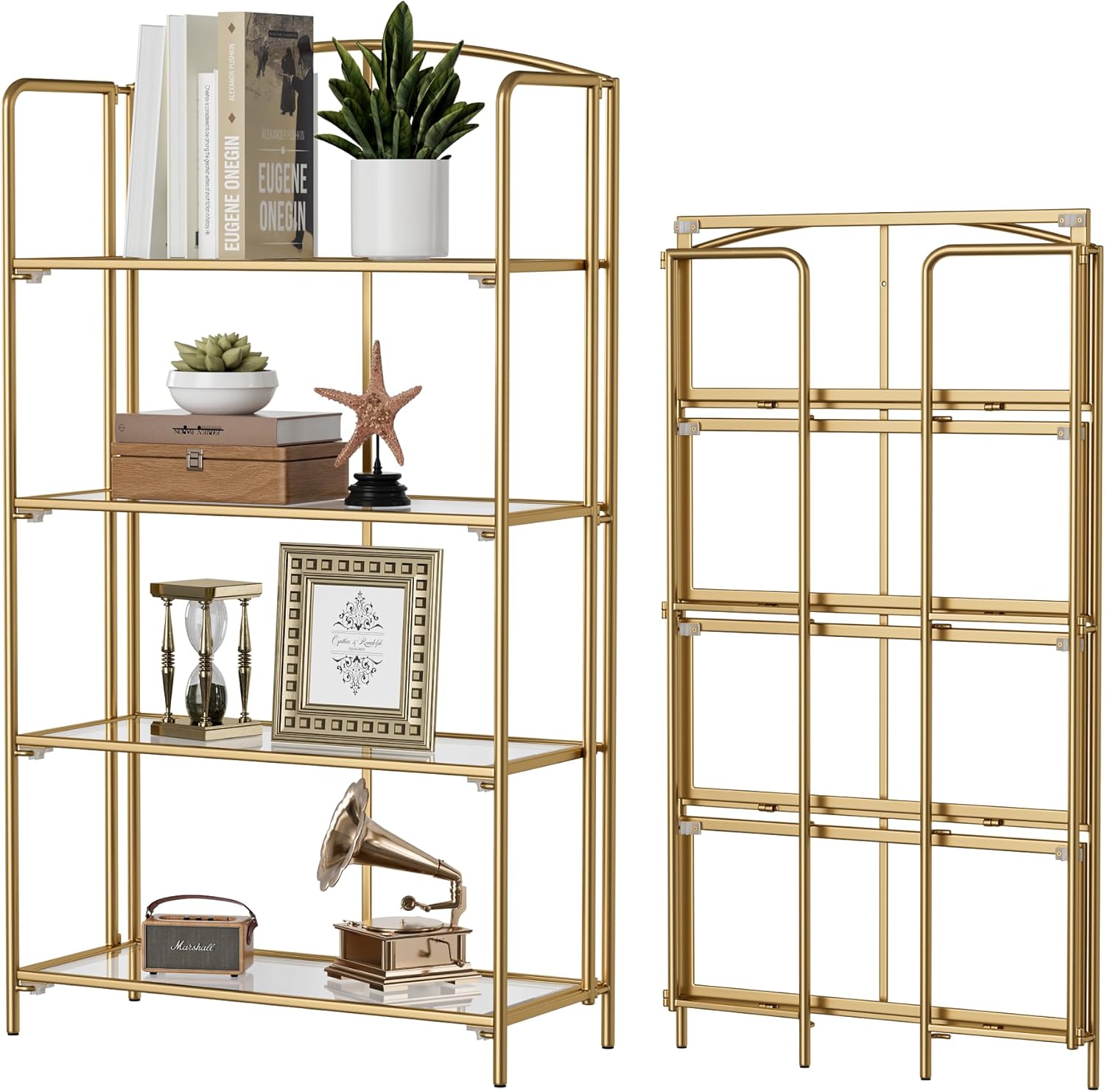 Assembly Folding Bookshelf for Living Room, 4 Tier Gold Collapsible ...