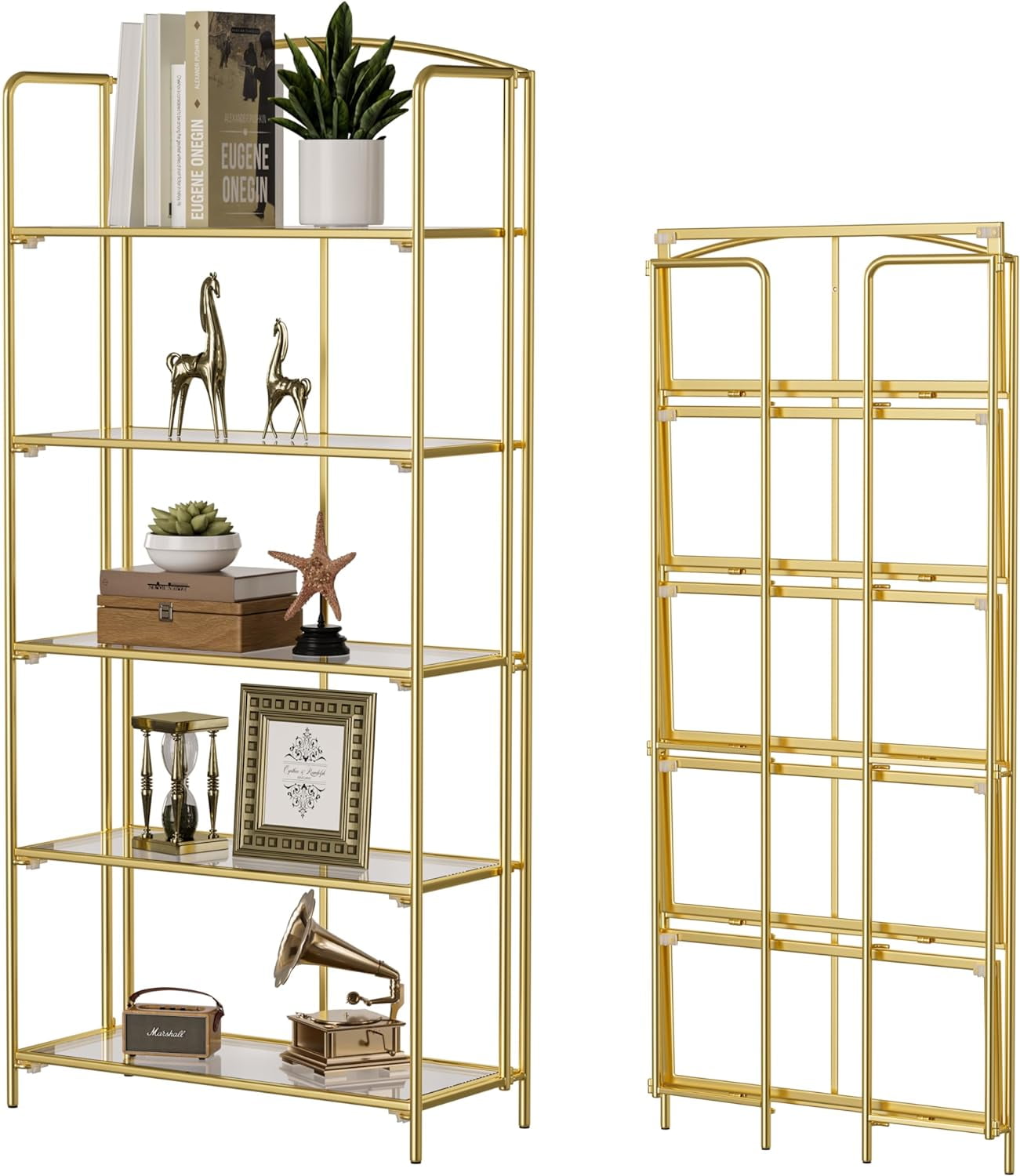 Assembly Folding Bookshelf for Living Room, 5 Tier Gold Collapsible ...