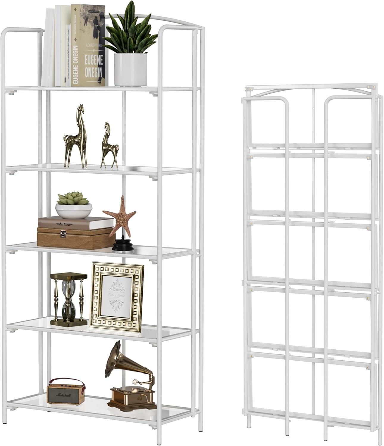 Assembly Folding Bookshelf for Living Room, 5 Tier White Collapsible ...