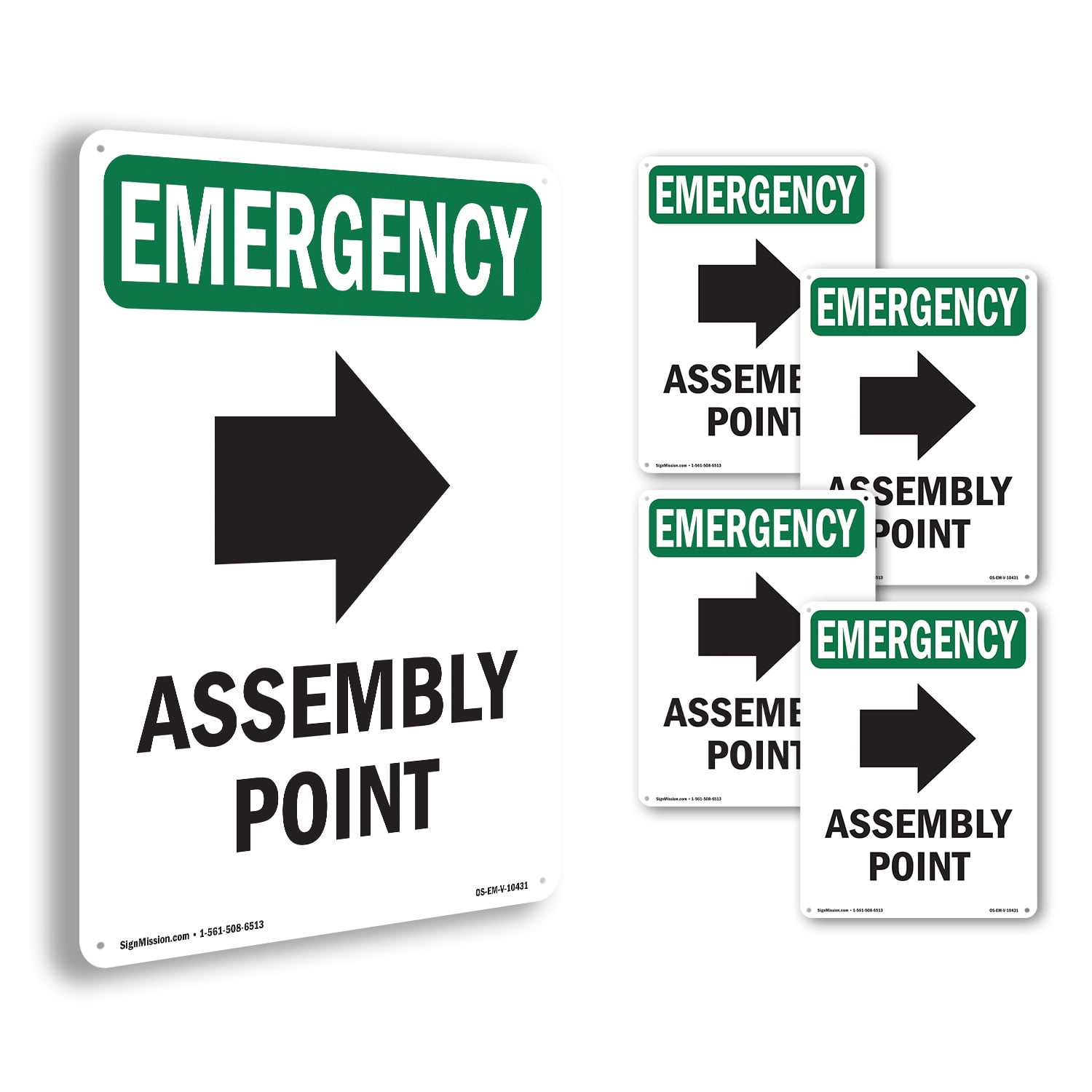 Assembly Point [Right Arrow] With Symbol OSHA Emergency Aluminum Sign ...