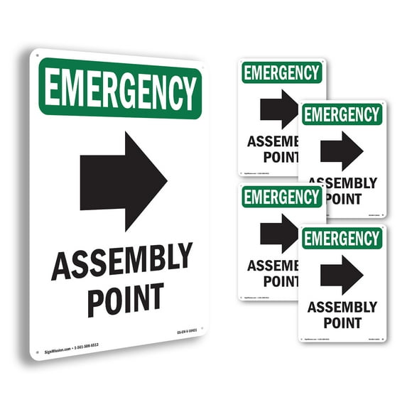 Assembly Point [Right Arrow] With Symbol OSHA Emergency Aluminum Sign ...