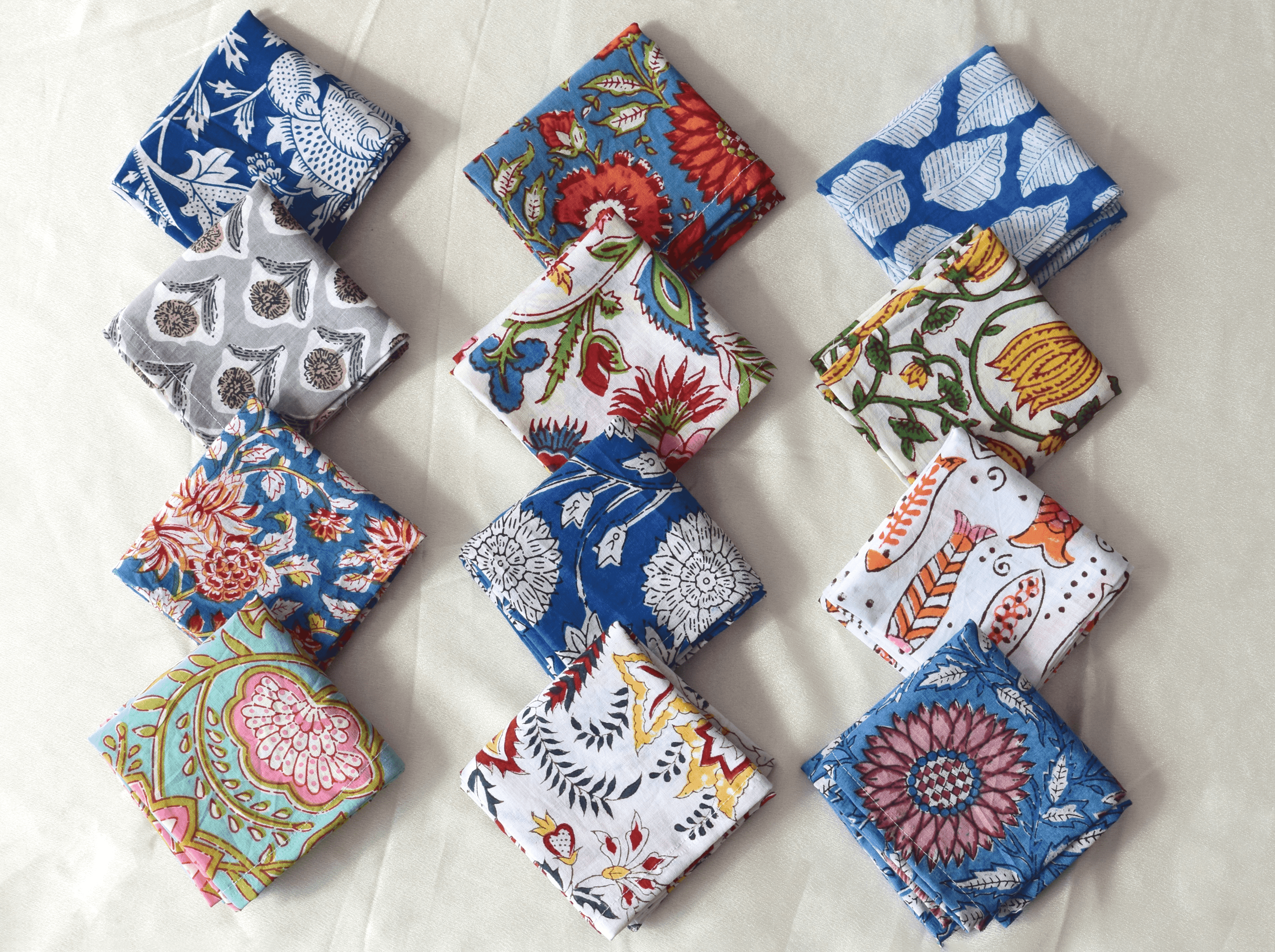 Assorted 12 Pcs Napkins Set 12x12 Inch Hand Block Floral Printed 100% ...