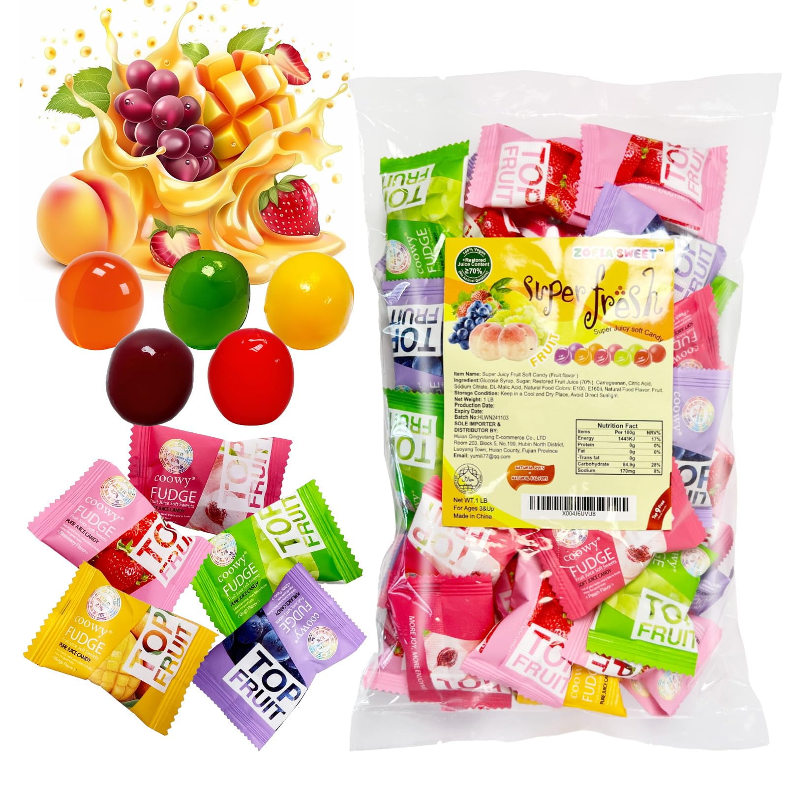 Assorted 5 Fruits Flavored XEF1 Gummy Candy Snack 1LB, Real Juice ...