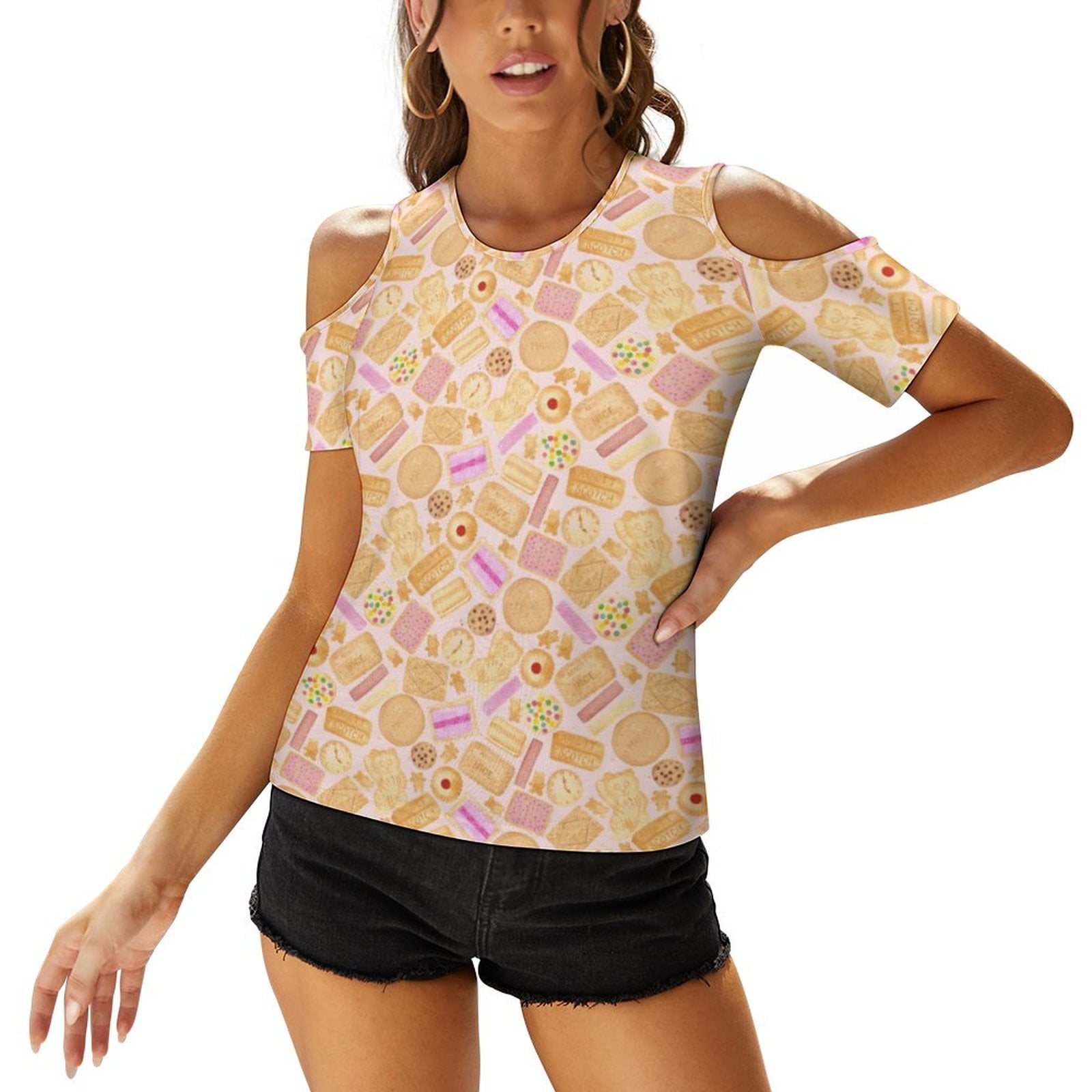 Assorted Biscuits-Pink New Fashion Zip Off Shoulder Top Short-Sleeve ...